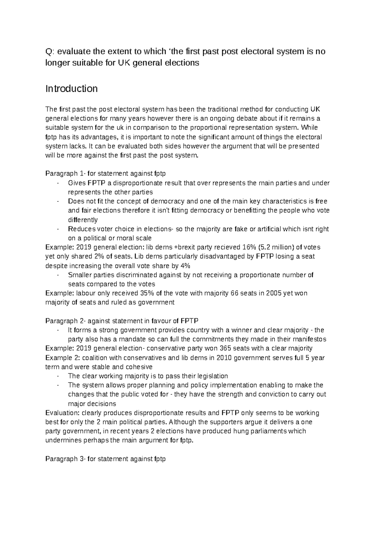 FPTP Electoral System Evaluation: Pros and Cons for UK Elections - Studocu