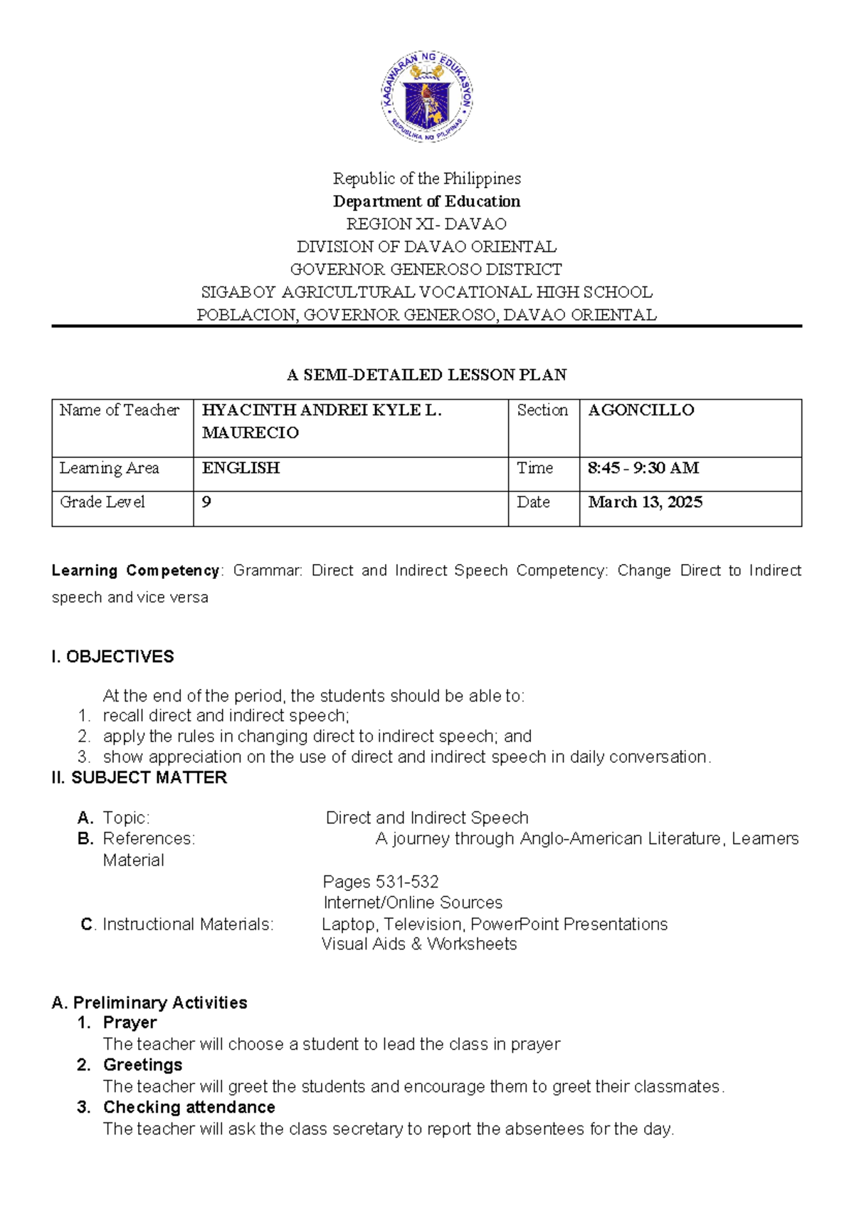 English 9 Lesson Plan Direct and Indirect speech - Republic of the ...