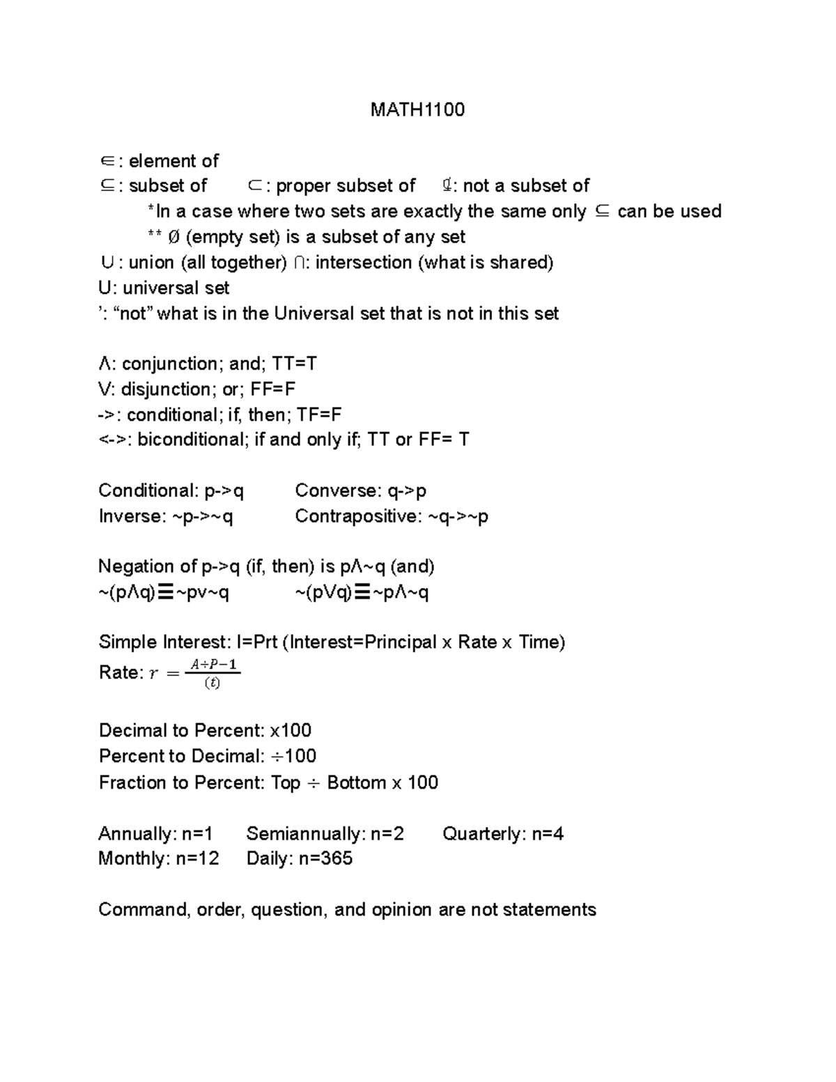 MATH1100 Handout: Set Theory Symbols and Concepts Explained - Studocu