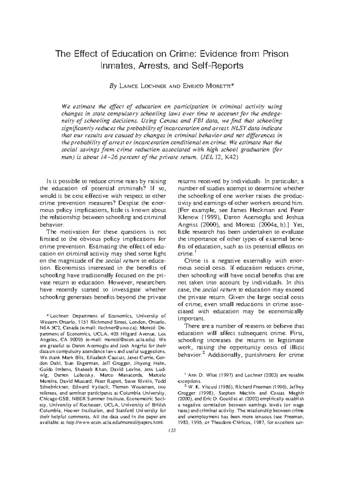 The Effect of Education on Crime: Evidence from Inmates (ECO 101) - Studocu