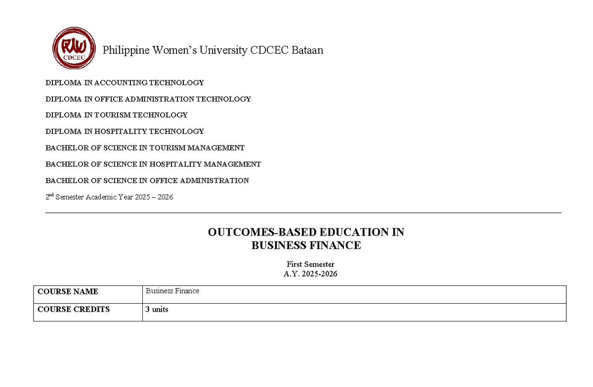 Business Finance Syllabus (EDBUS 101) - 2nd Sem A.Y. 2025-2026 - Studocu