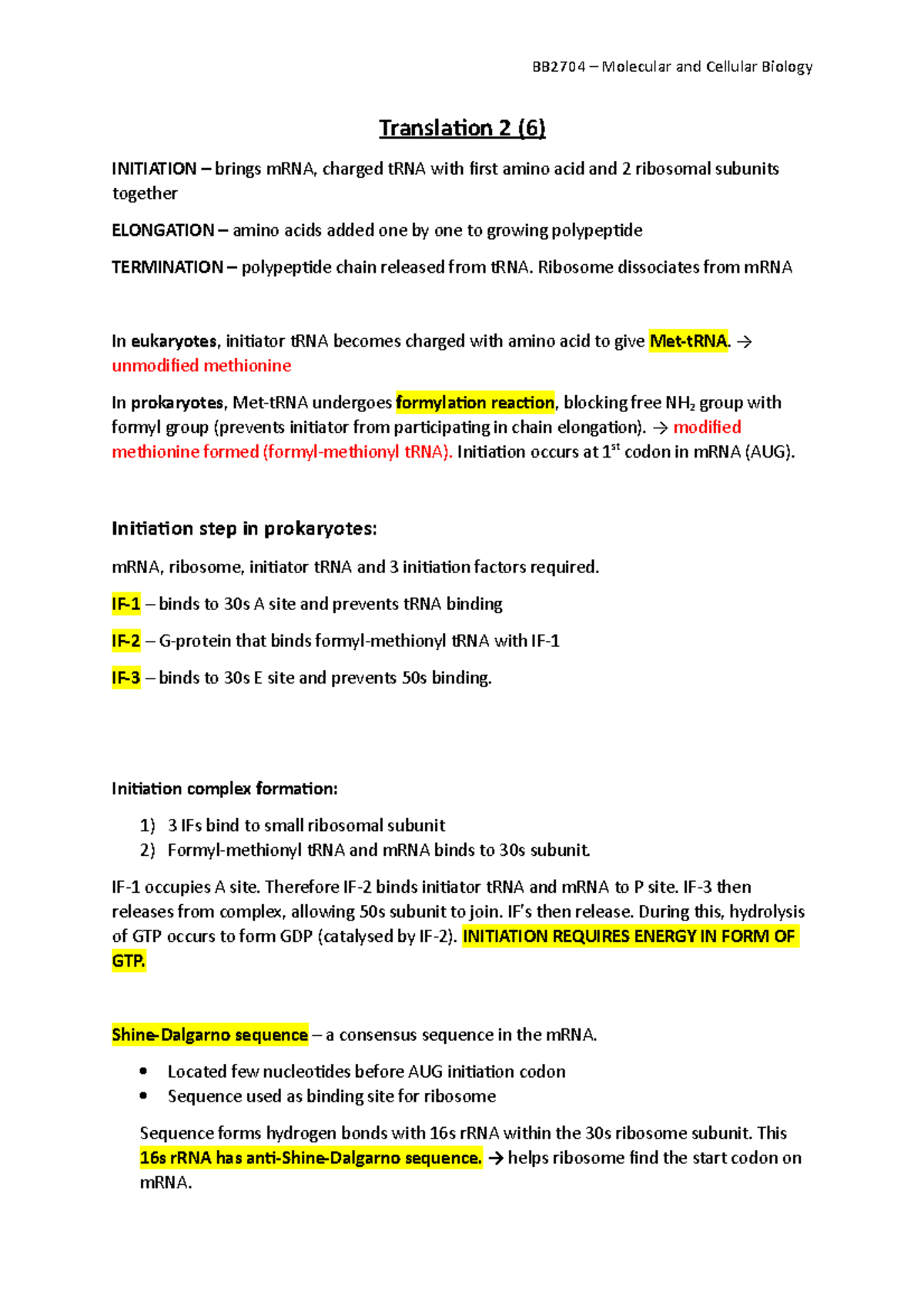 Translation 2 - Lecture notes 6 - BB2704 – Molecular and Cellular ...