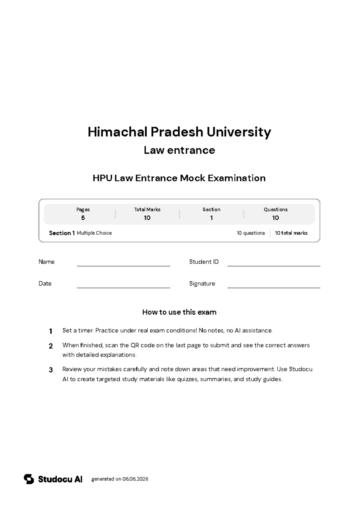 HPU Law Entrance Mock Exam - Studocu