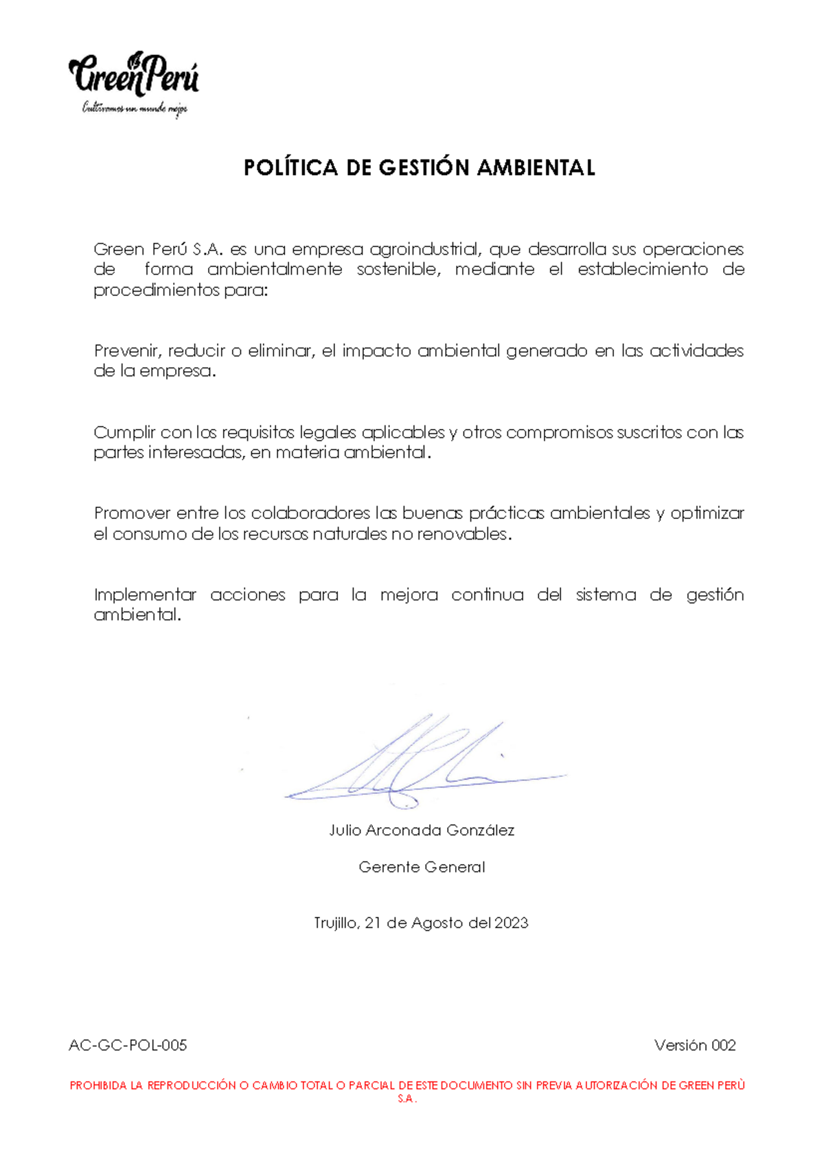 Política de Gestión Ambiental - Green Perú S. (AC-GC-POL-005) - Studocu