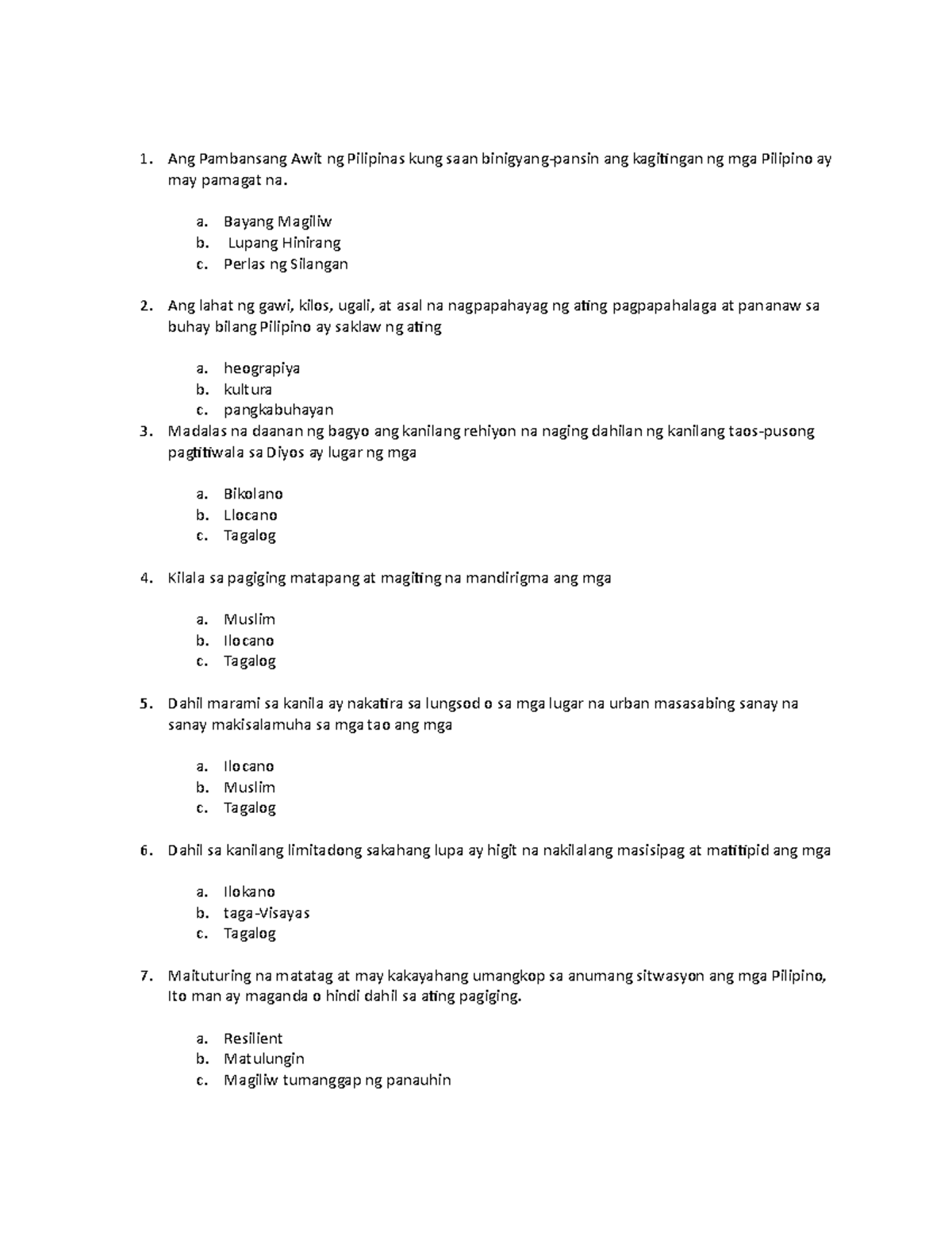 Esp-test-questions - Sample Test Questions for ESP - Ang Pambansang ...