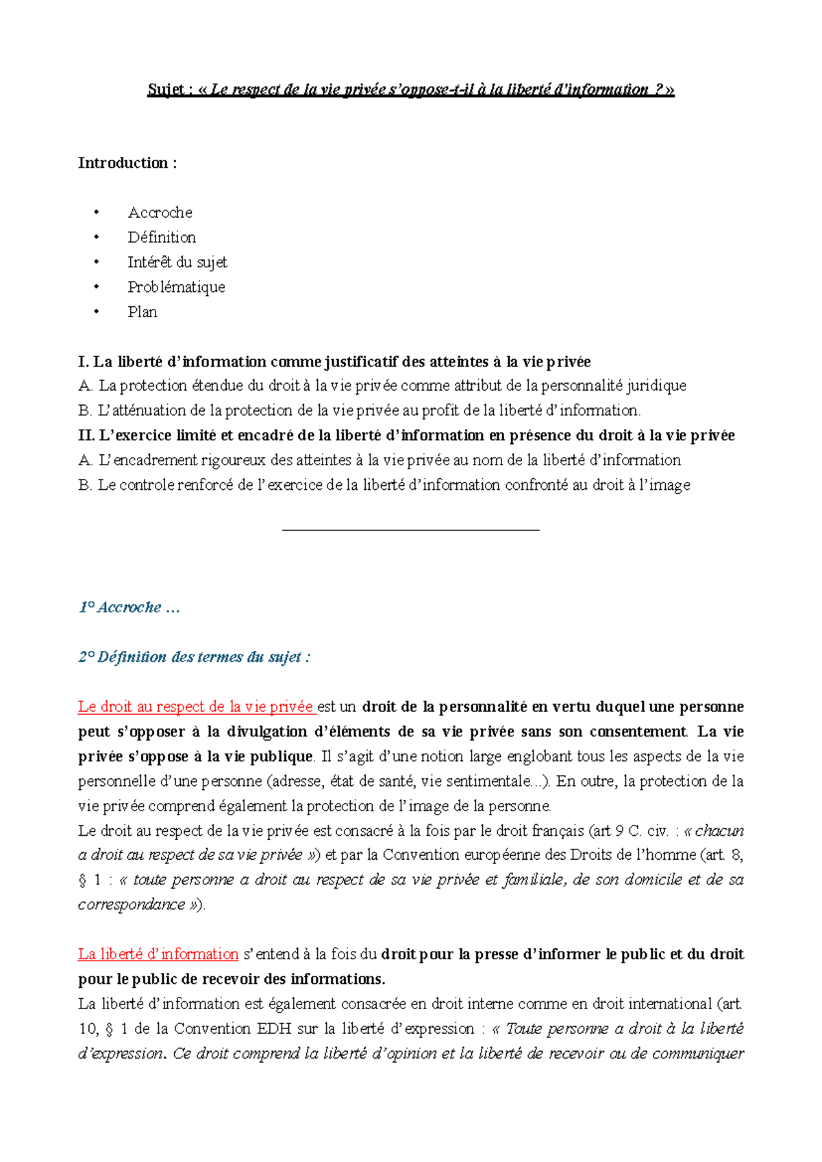 Sujet : La Liberté et le Respect de la Vie Privée - Dissertation (Droit ...