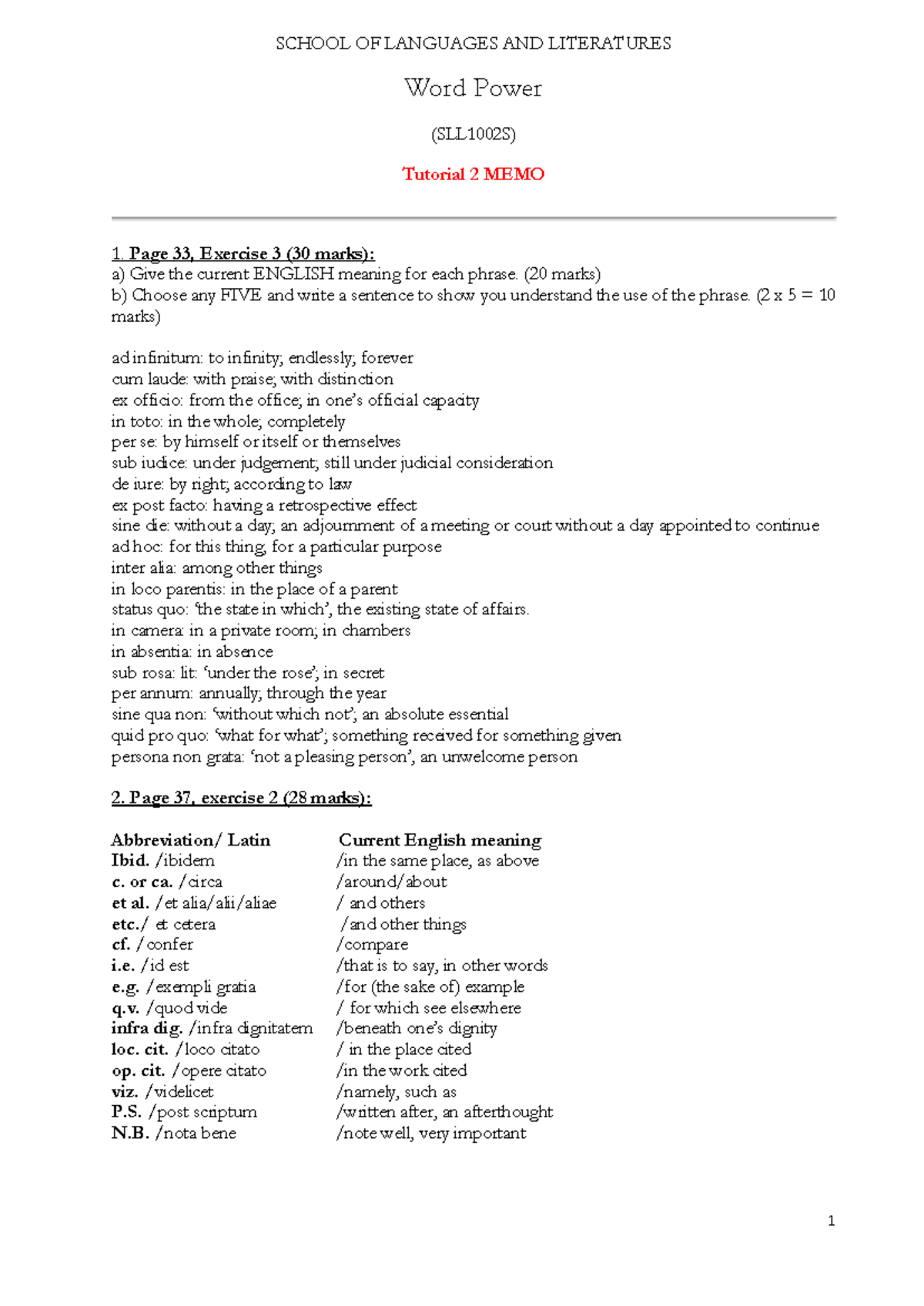 SLL1002S Tutorial 2 MEMO - Latin Phrases & Their Meanings - Studocu