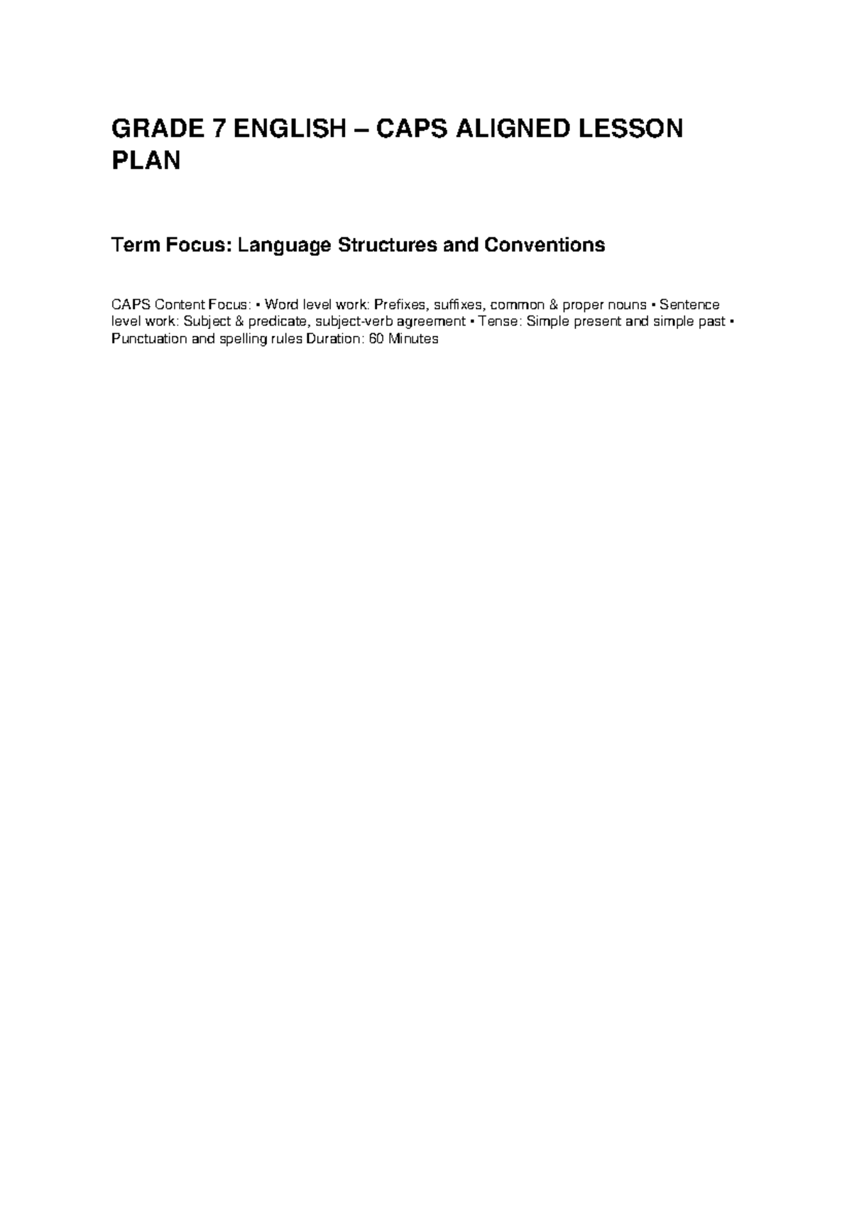 Grade 7 English CAPS Aligned Lesson Plan: Language Structures ...