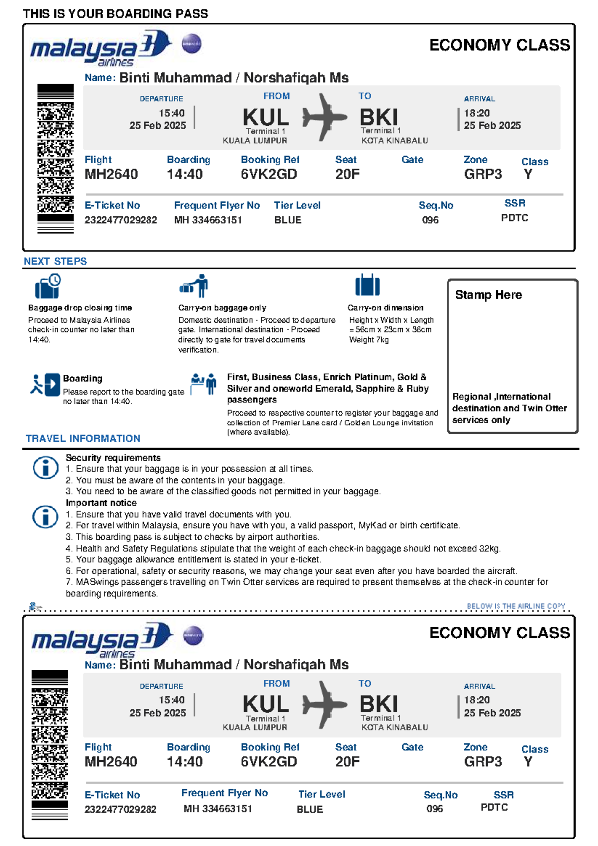 Boarding Pass for Flight MH2640 - Economy Class Details - Studocu