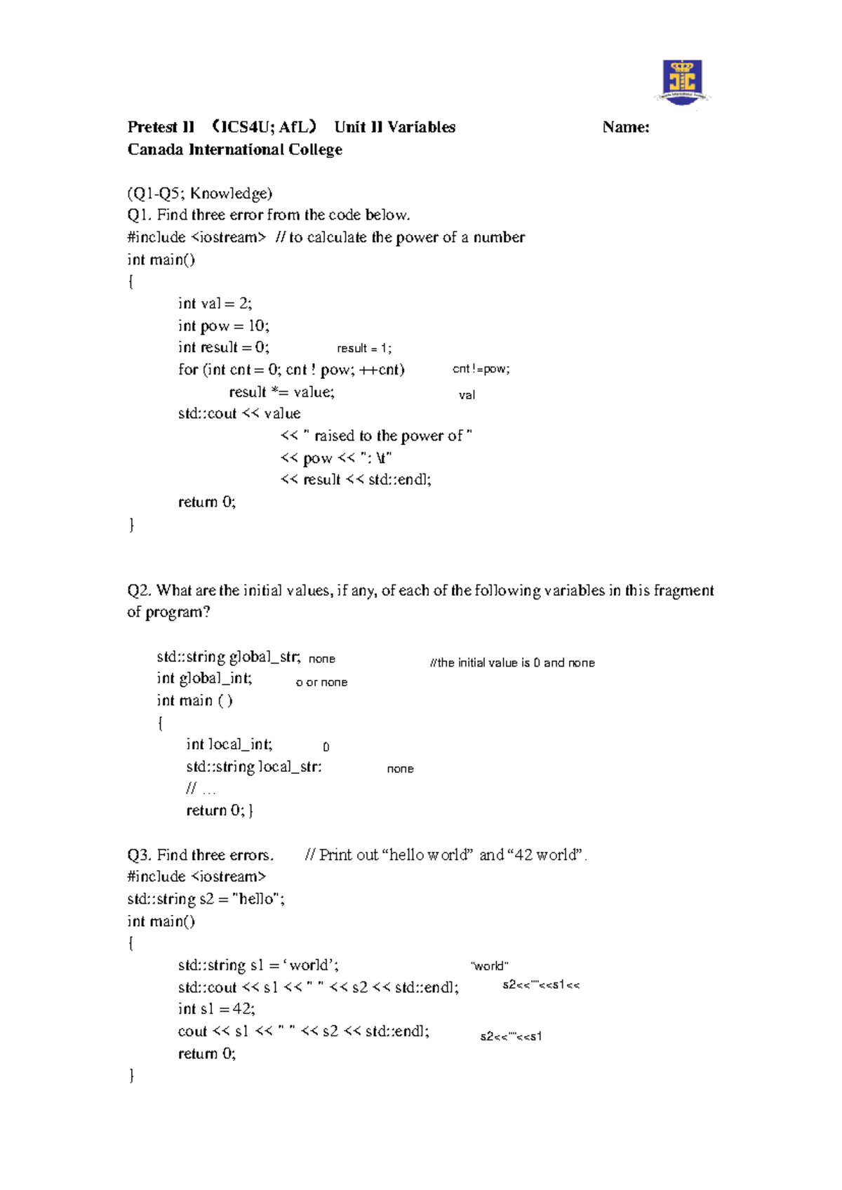 Pretest II (ICS4U) - Code Errors and Corrections Guide - Studocu