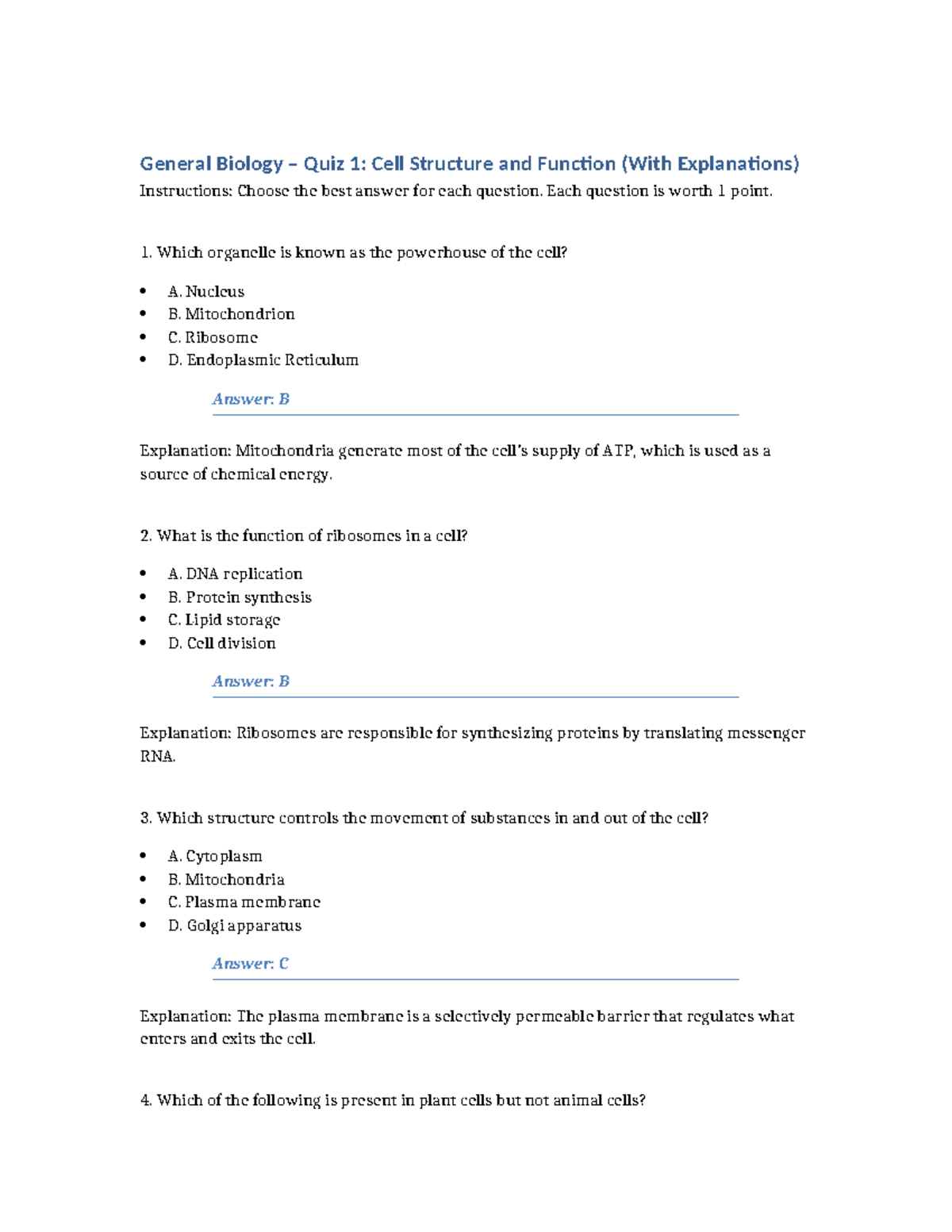 General Biology Quiz 1: Cell Structure & Function Explanations - Studocu