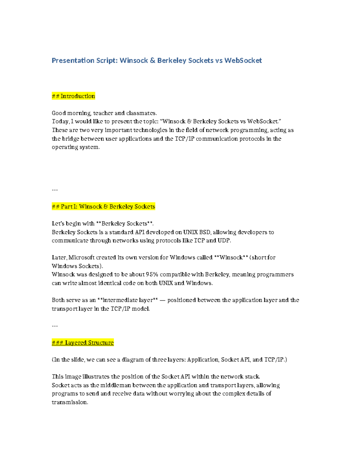 Winsock vs WebSocket: A Comparative Presentation Script - Studocu