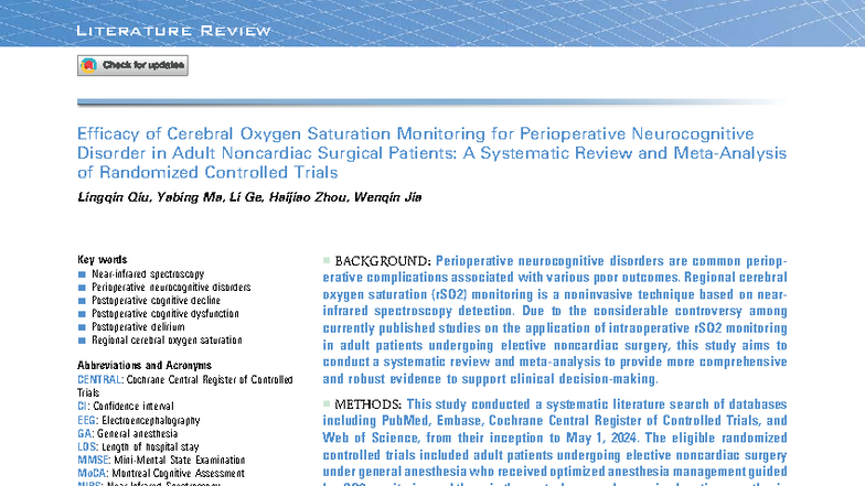 Systematic Review of rSO2 Monitoring for PND in Noncardiac Surgery ...