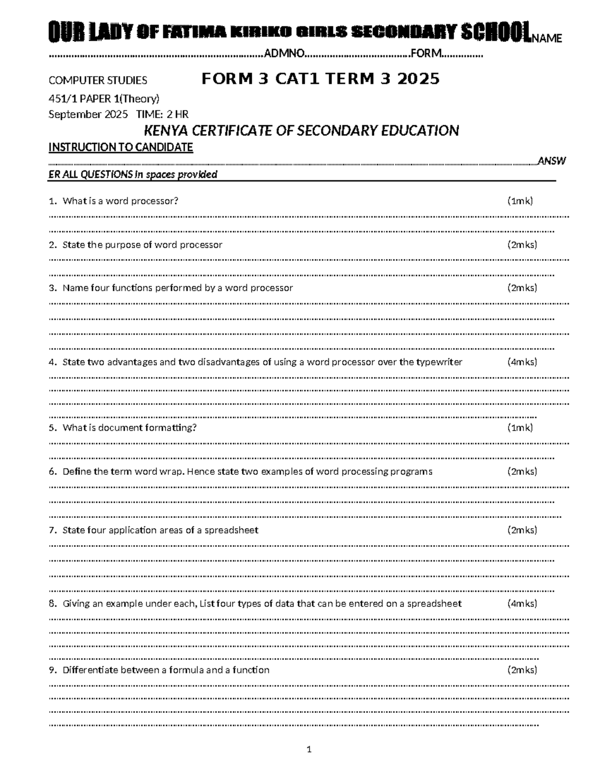 COMPUTER STUDIES FORM 3 CAT1 TERM 3 2025 PAPER 1 (Theory) Notes - Studocu