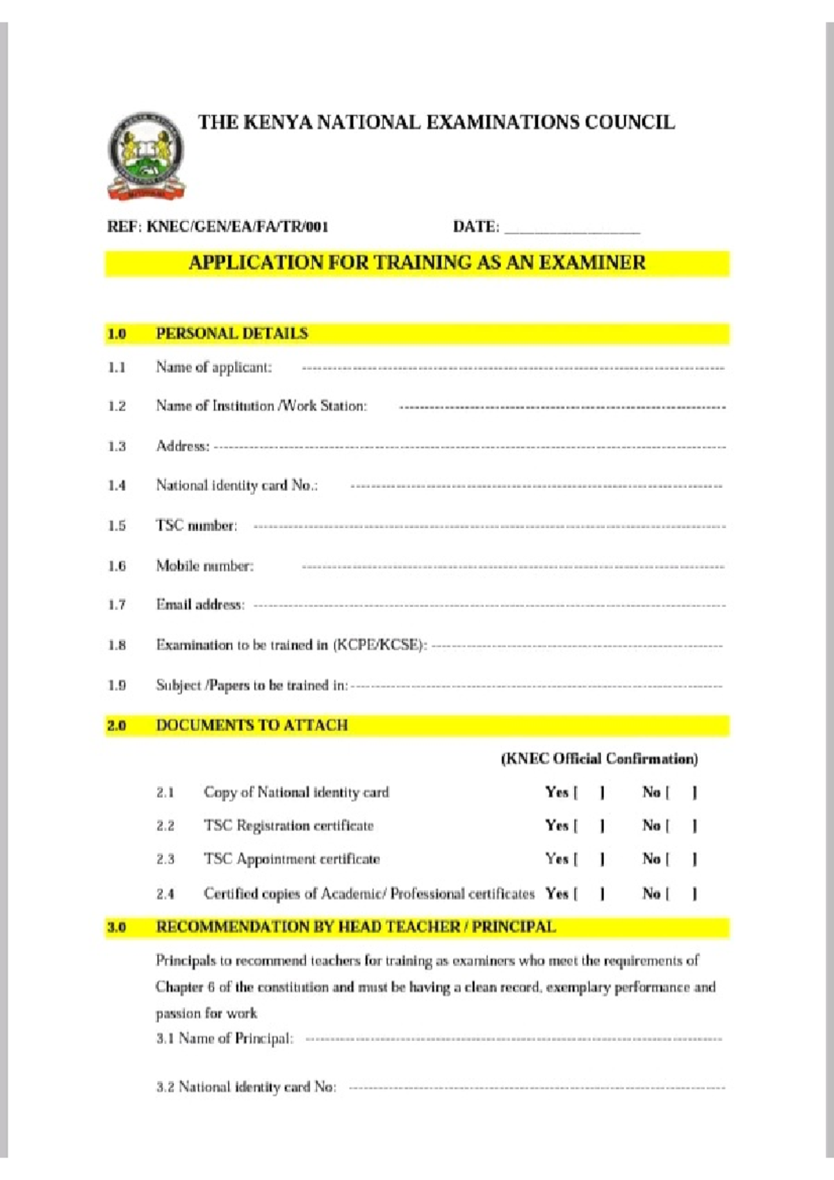 KNEC Examiner Application Form: Training Request Details - Studocu