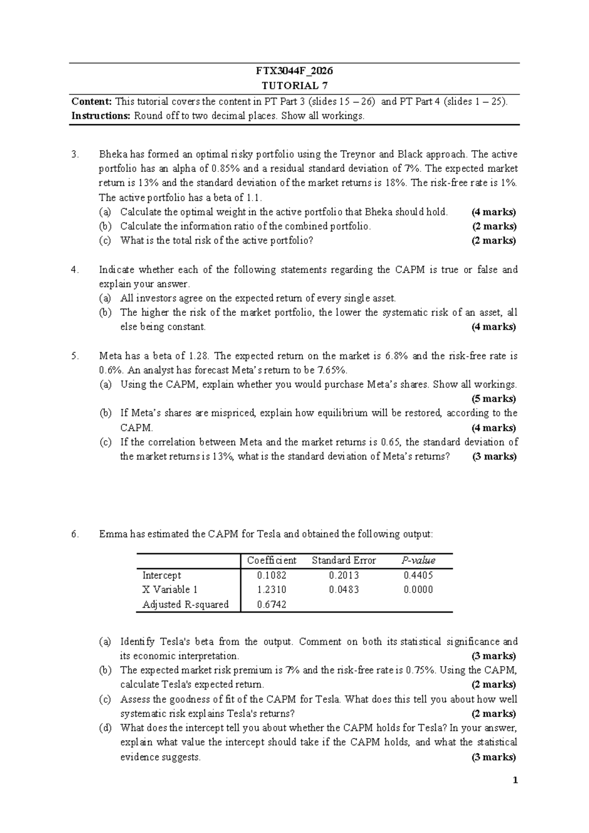 FTX3044F_2026 Tutorial 7: CAPM & Portfolio Analysis - Studocu