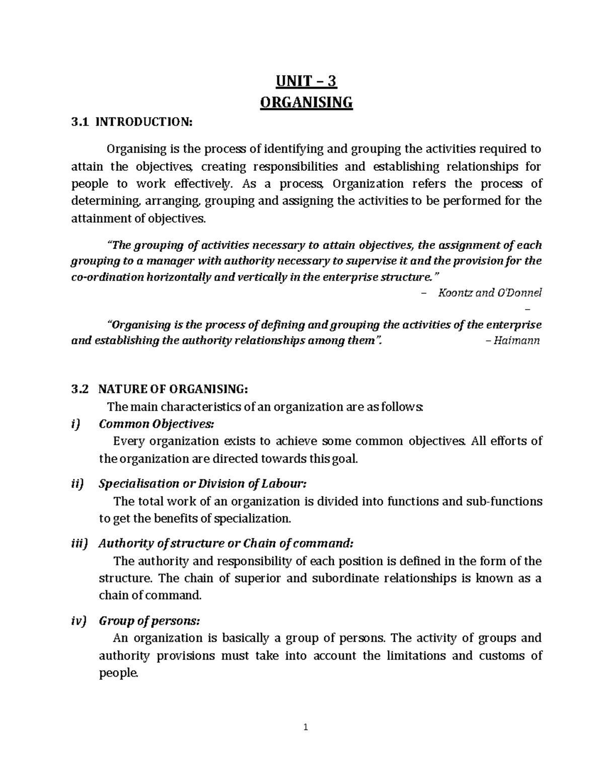 Unit 3 (Organising) - Unit 3 - Organizing (Management Functions) - UNIT – 3 ORGANISING 3 - Studocu