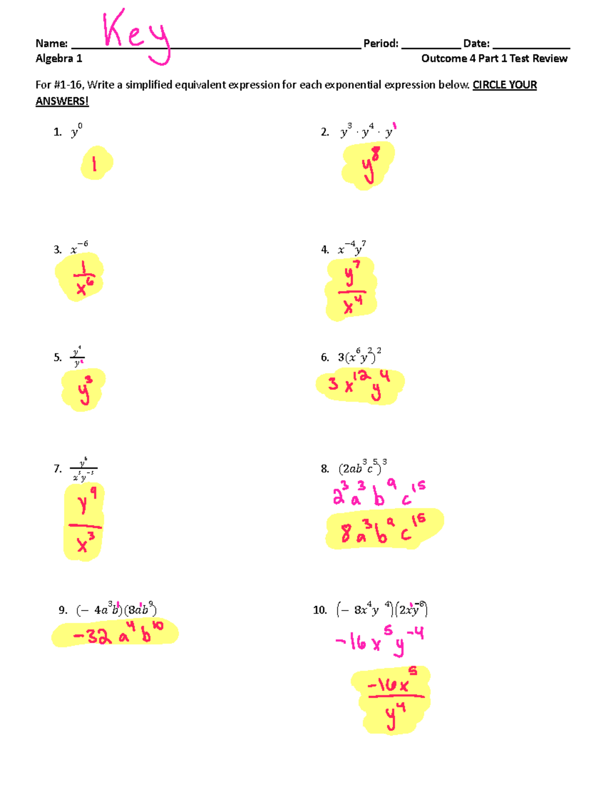 Algebra 1 Outcome 4 Part 1 Test Review: Exponential Expressions - Studocu