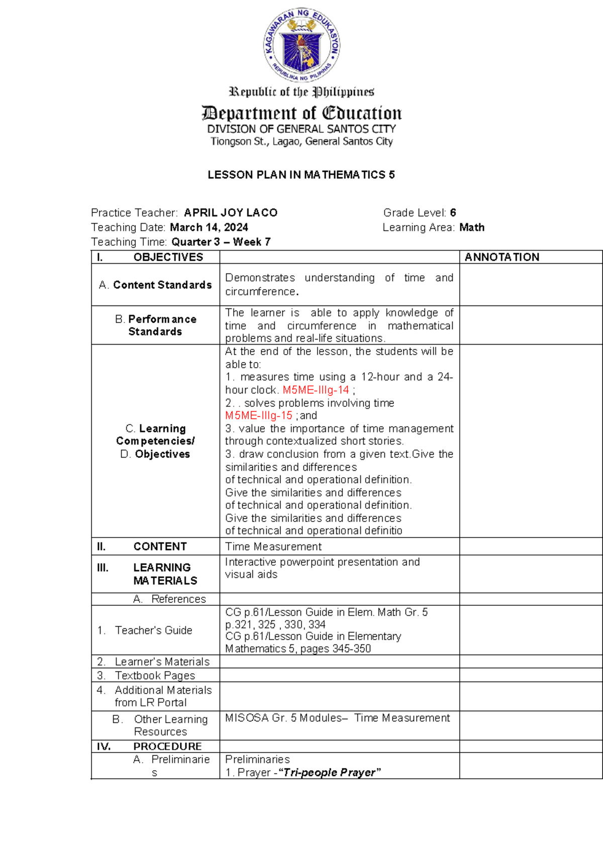 MATHEMATICS 5 Lesson Plan: Time Measurement & Problem Solving ...
