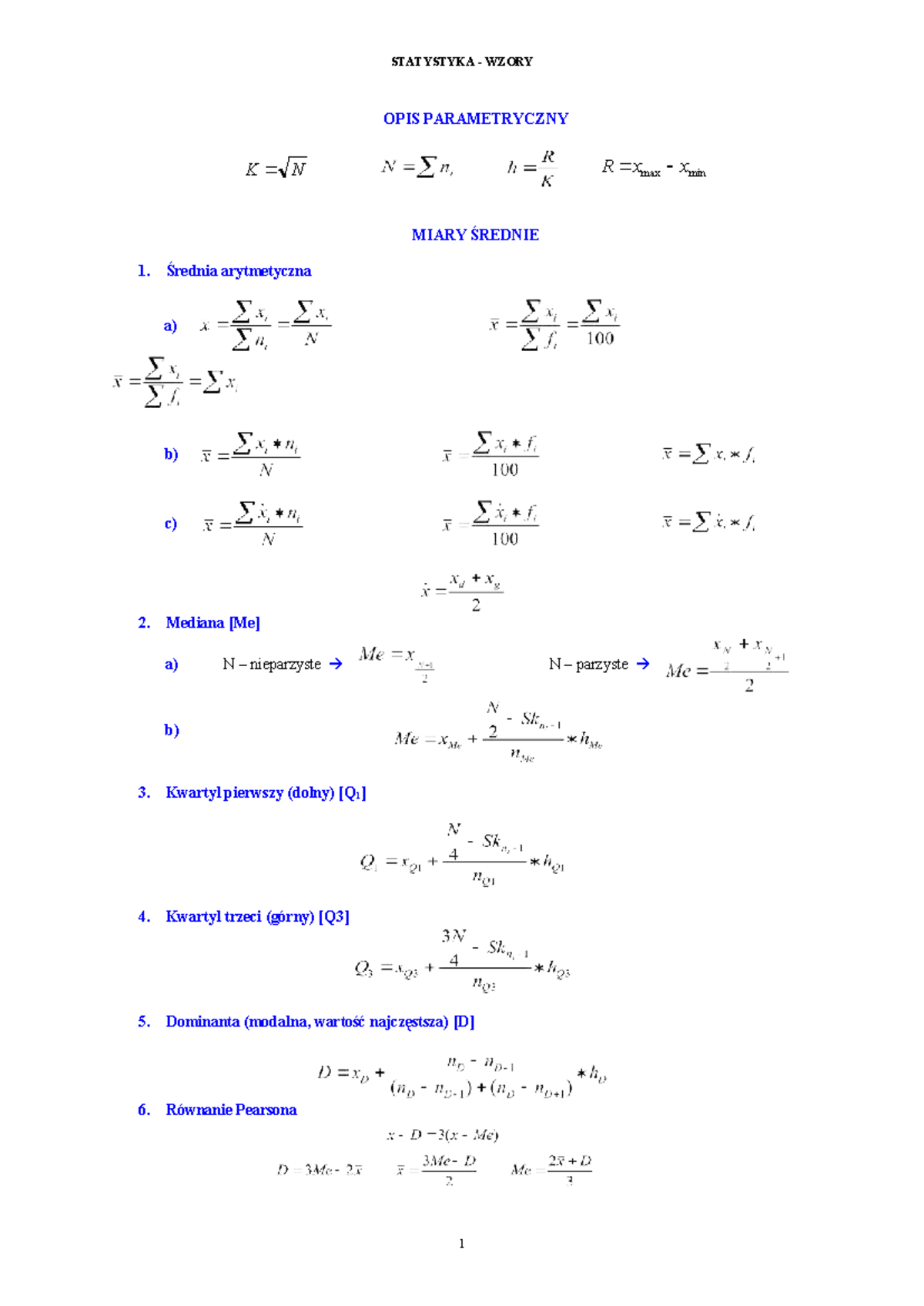 STATYSTYKA WZORY I MIARY OPIS PARAMETRYCZNY I DYSPERSJI - Studocu