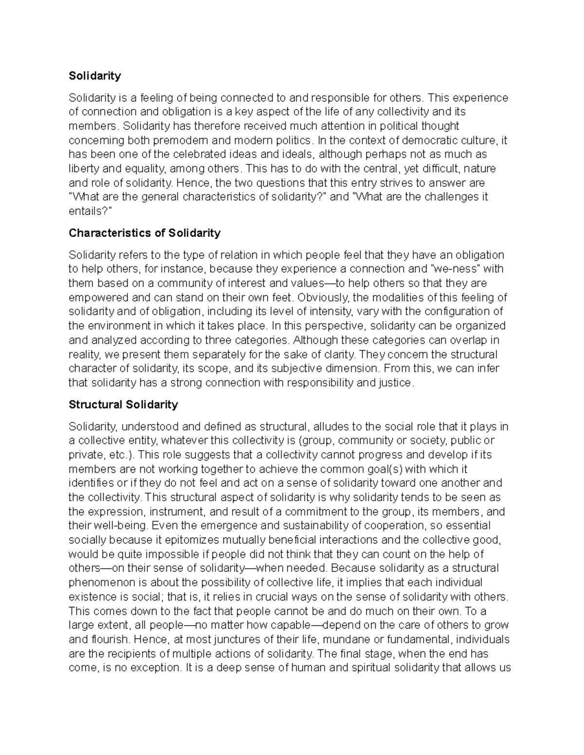Analyzing Solidarity: Characteristics, Scope, and Modern Impacts - Studocu