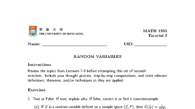 MATH 1853 Tutorial 3: Random Variables Exercises and Solutions - Studocu