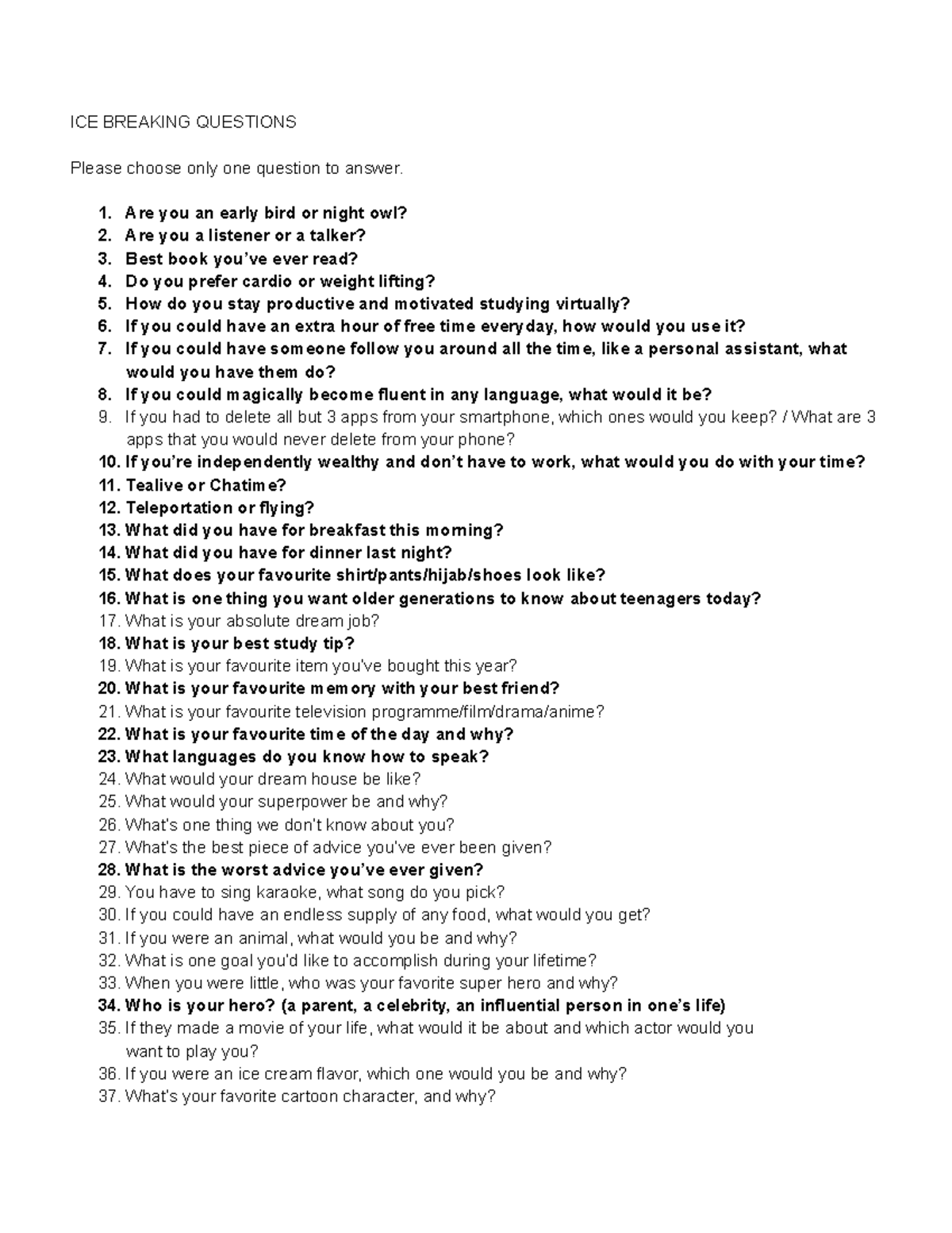 ICE 101: Engaging Ice Breaking Questions for Class Discussions - Studocu