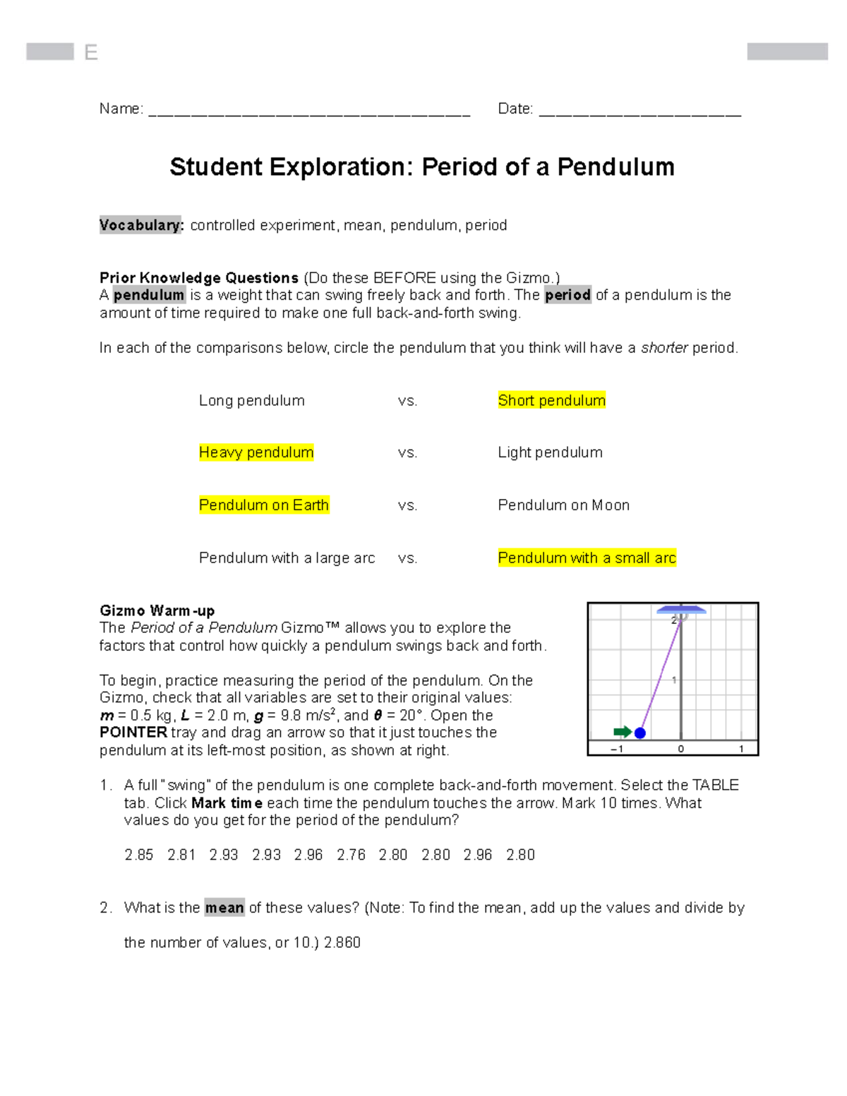 Exploration of Pendulum Period: SE Student Activity and Data Analysis - Studocu