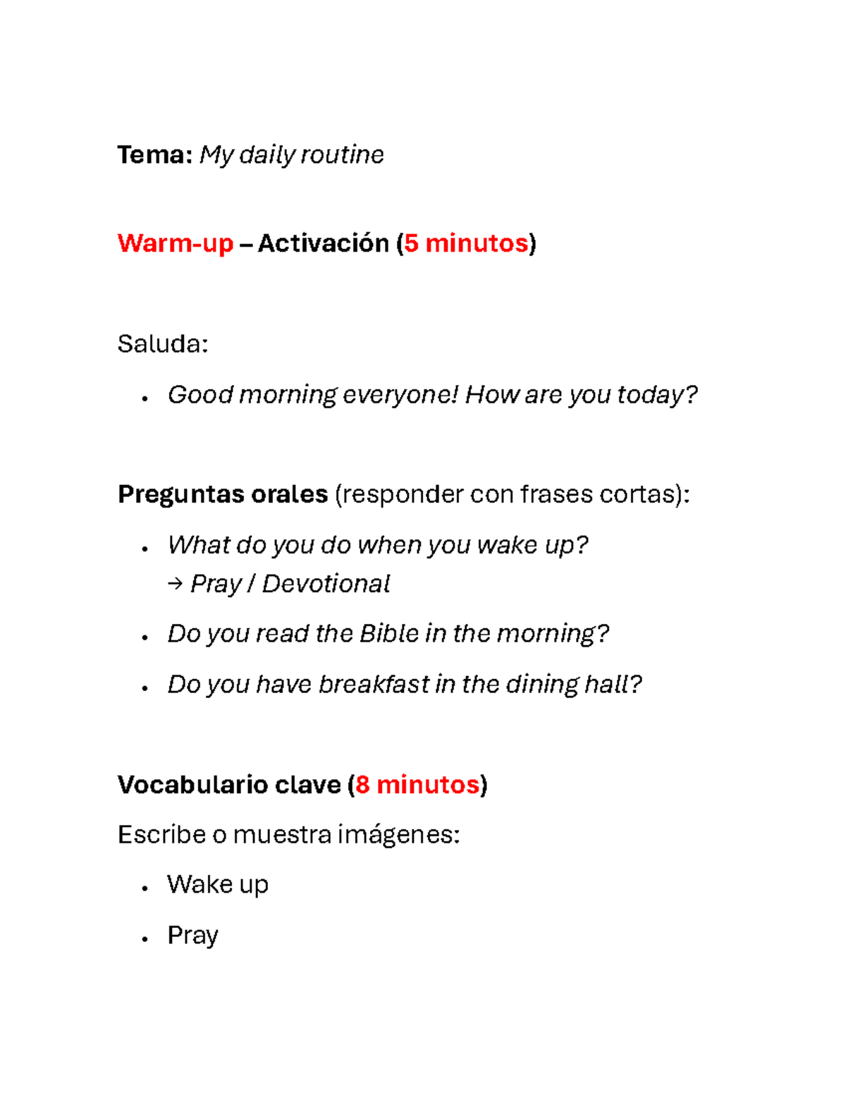 Tema: My Daily Routine - Mi Rutina Diaria (Lesson Plan) - Studocu