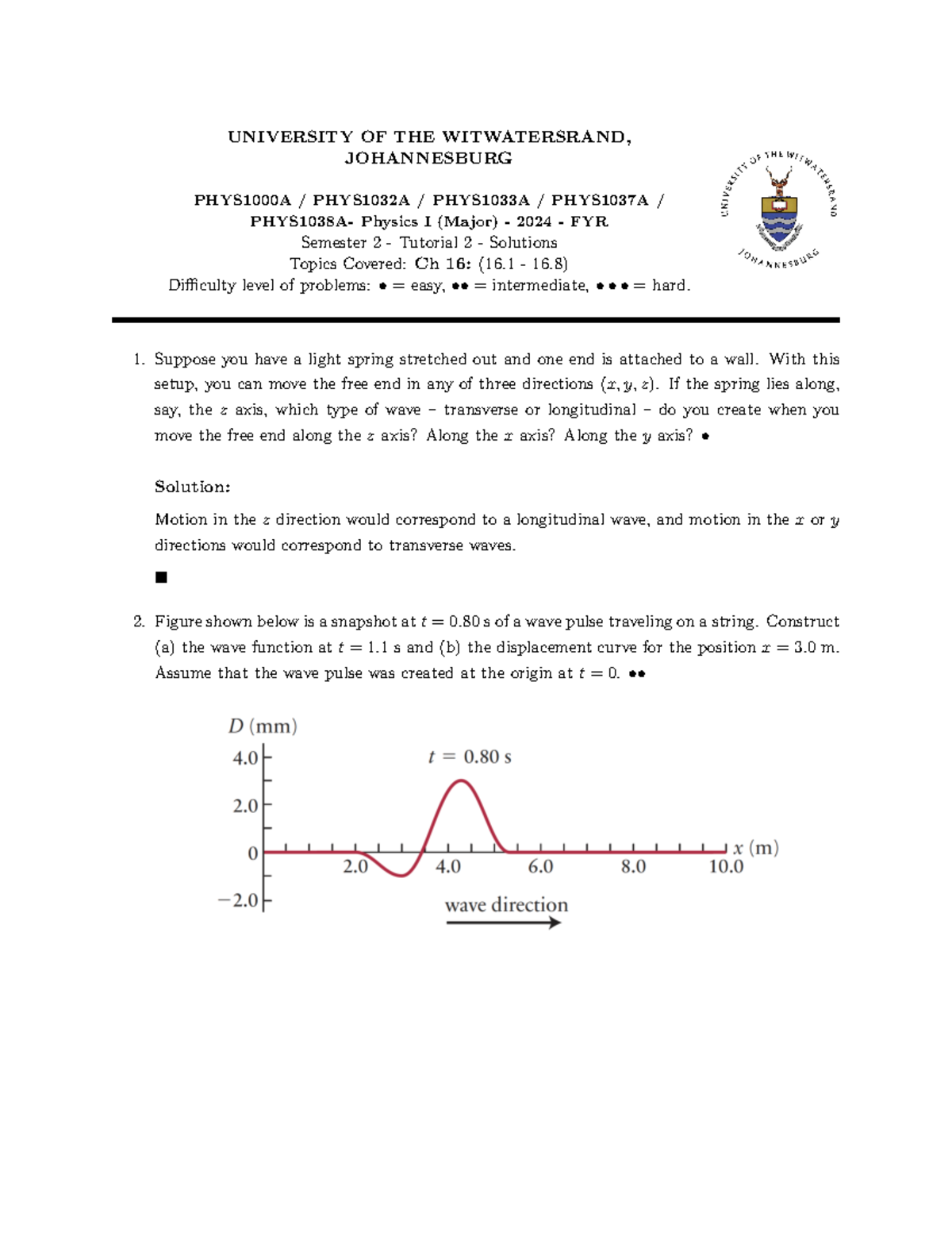 Tutorial 2 Sem2 2024 Solutions - UNIVERSITY OF THE WITWATERSRAND ...
