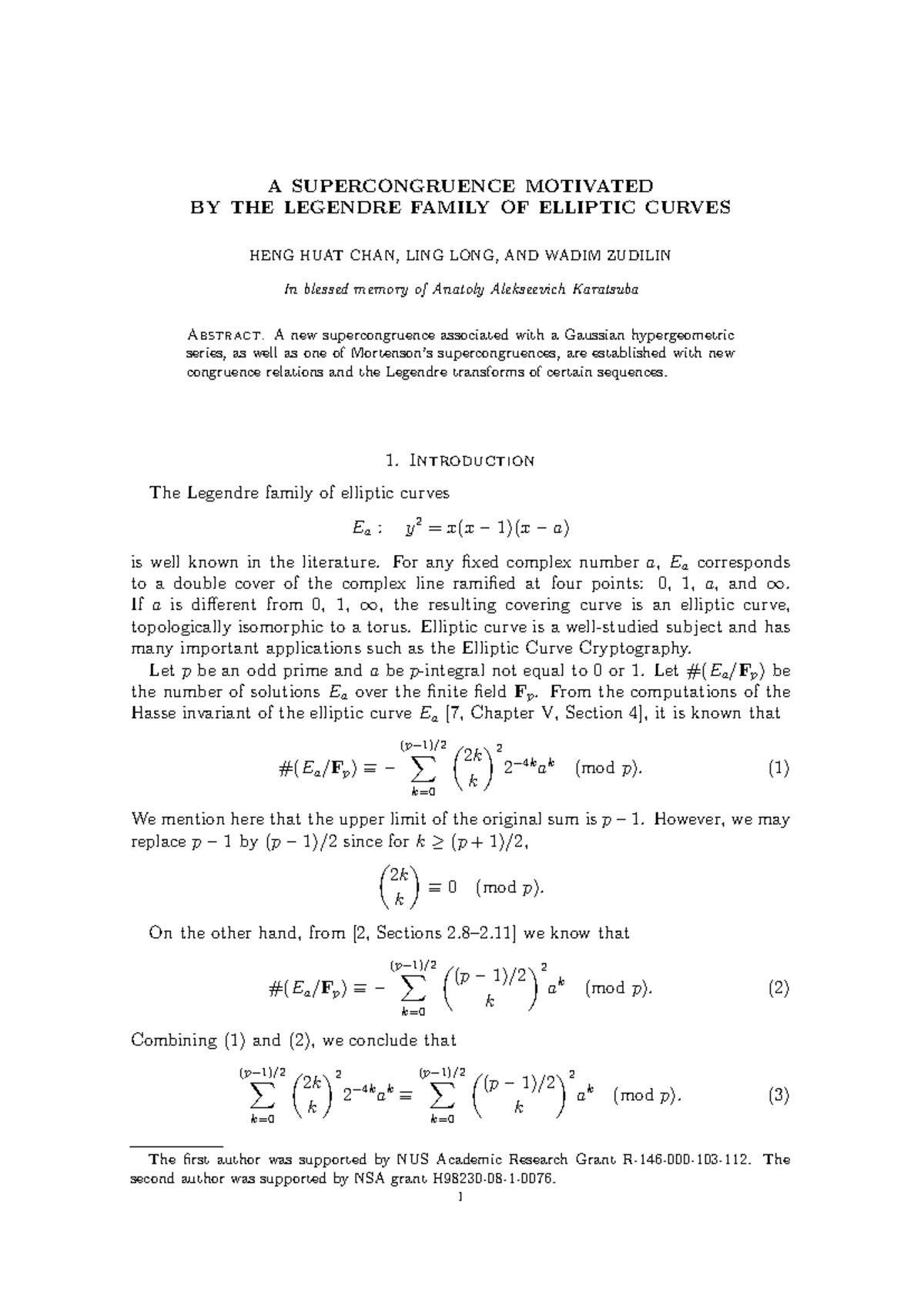 Supercongruences and the Legendre Family of Elliptic Curves (MATH 123 ...