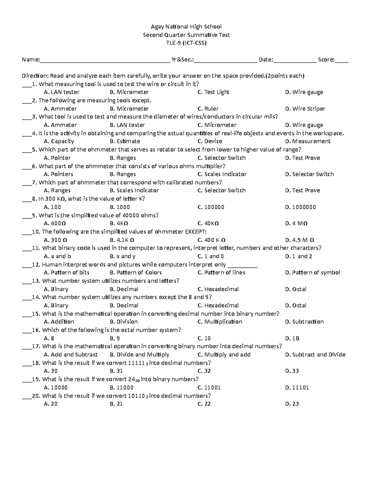 Second Quarter Summative Test TLE-9 on ICT-CSS Concepts - Studocu
