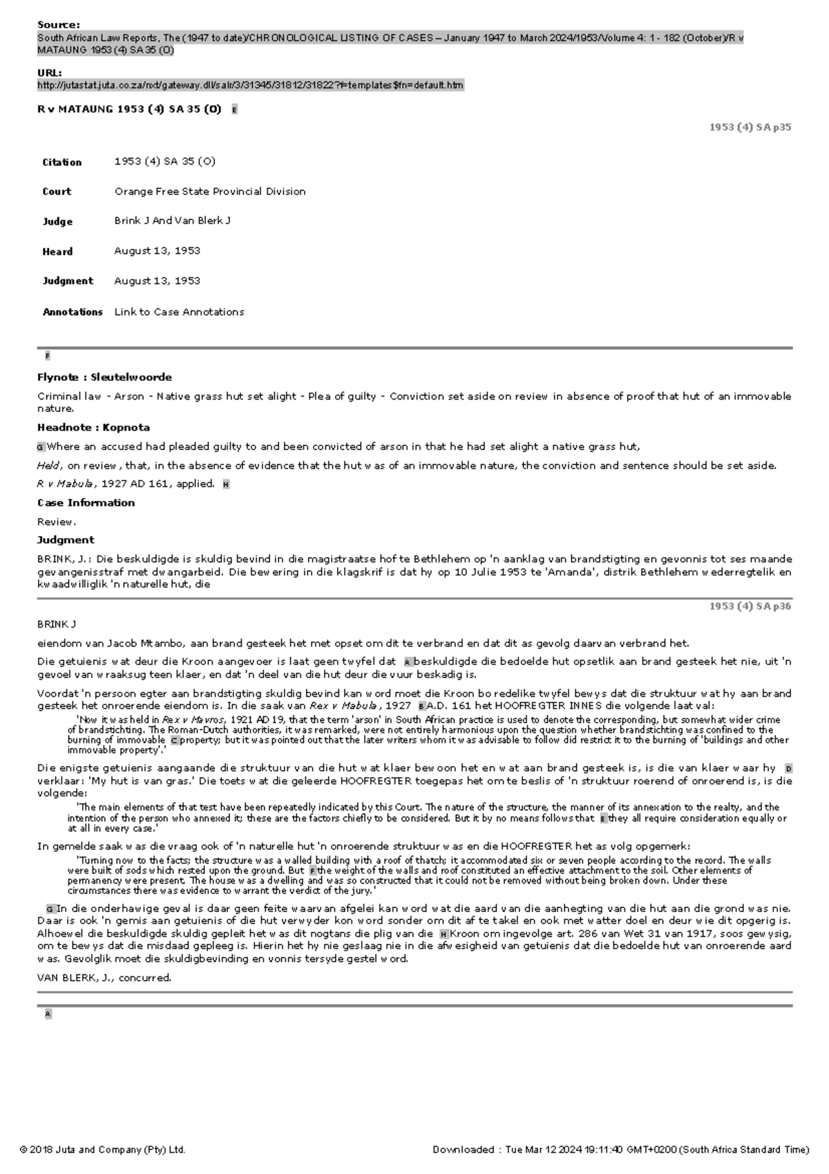 R v Mataung 1953 (4) SA 35 (O) - Arson Conviction Review Analysis - Studocu