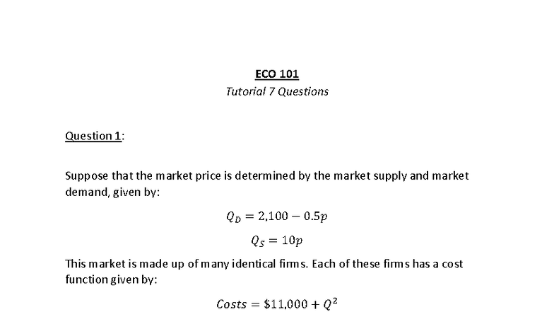 ECO 101 Tutorial 7 Questions and Answers on Market Supply and Demand ...