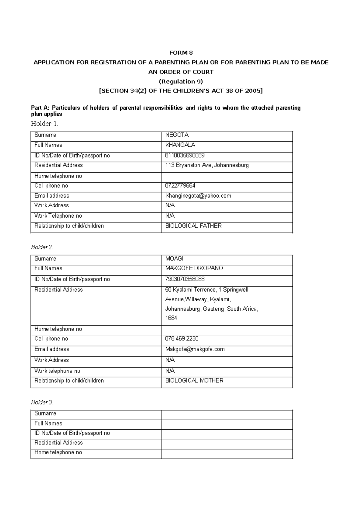 Children's Act Parenting Plan Registration Application Forms - Studocu