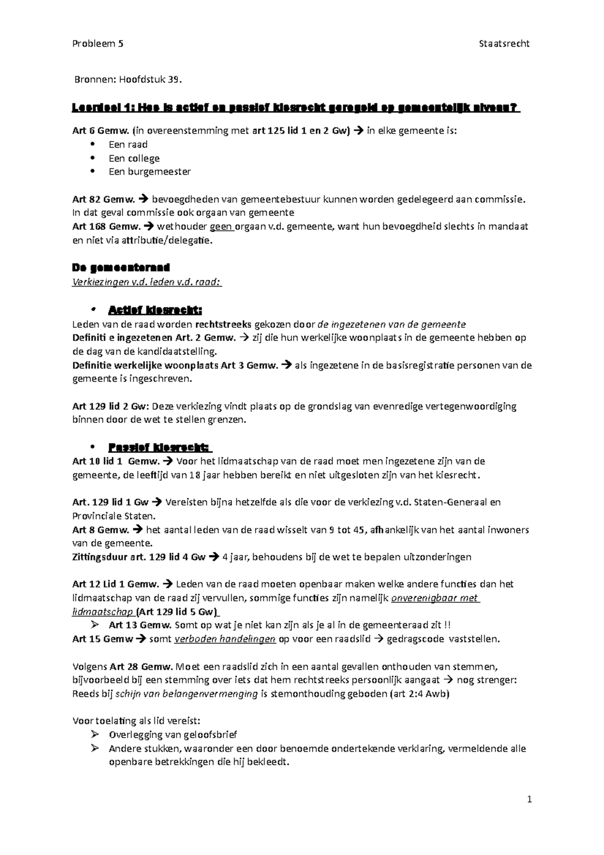 Staatsrecht Probleem 5: Actief en Passief Kiesrecht op Gemeentelijk ...