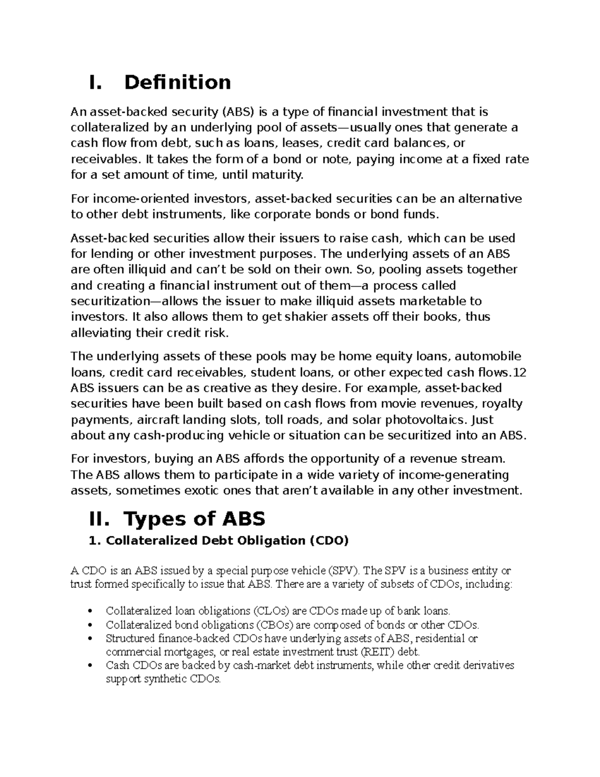 Definitiosdasdasdn,type,differences - I. Definition An asset-backed ...