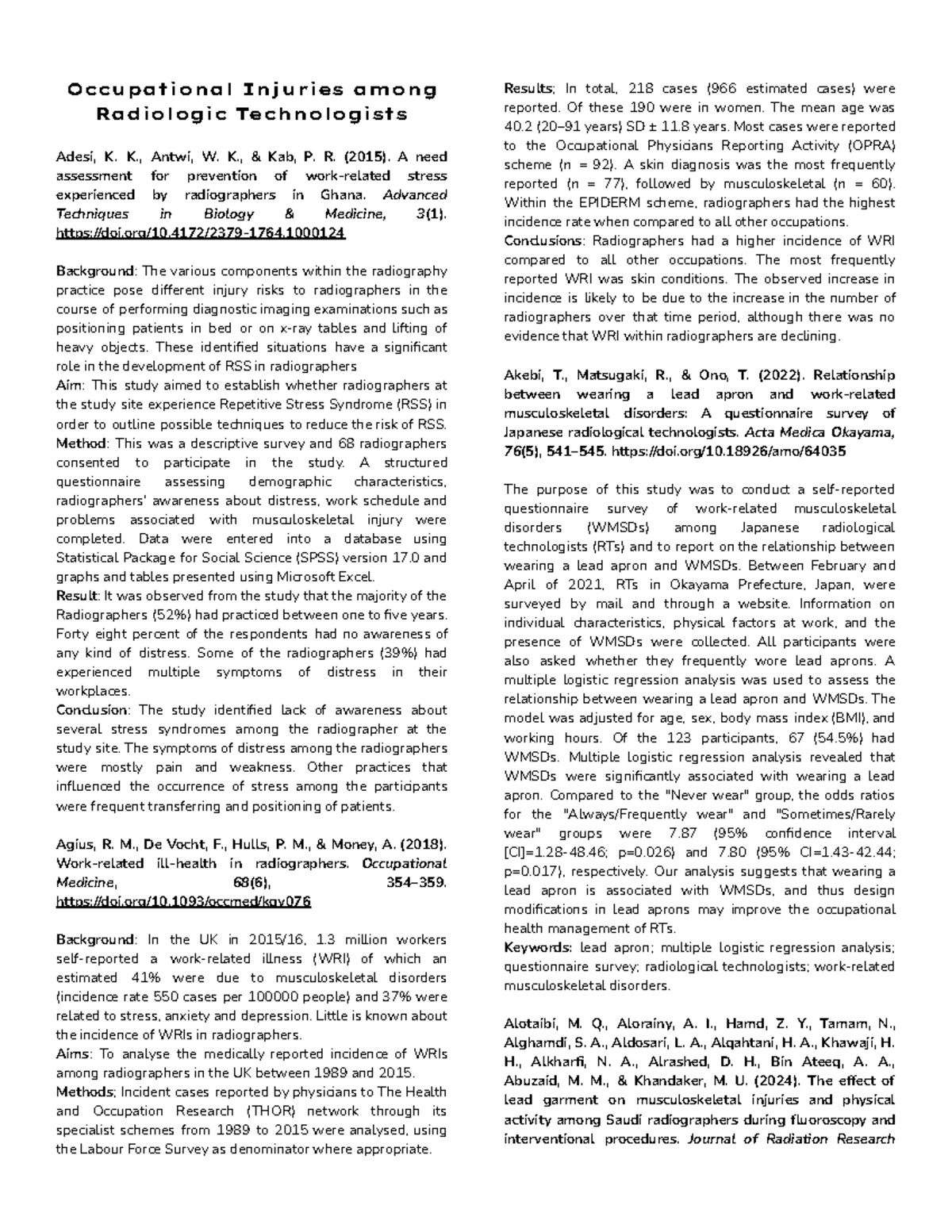 Occupational Injuries and Musculoskeletal Disorders in Radiologic ...