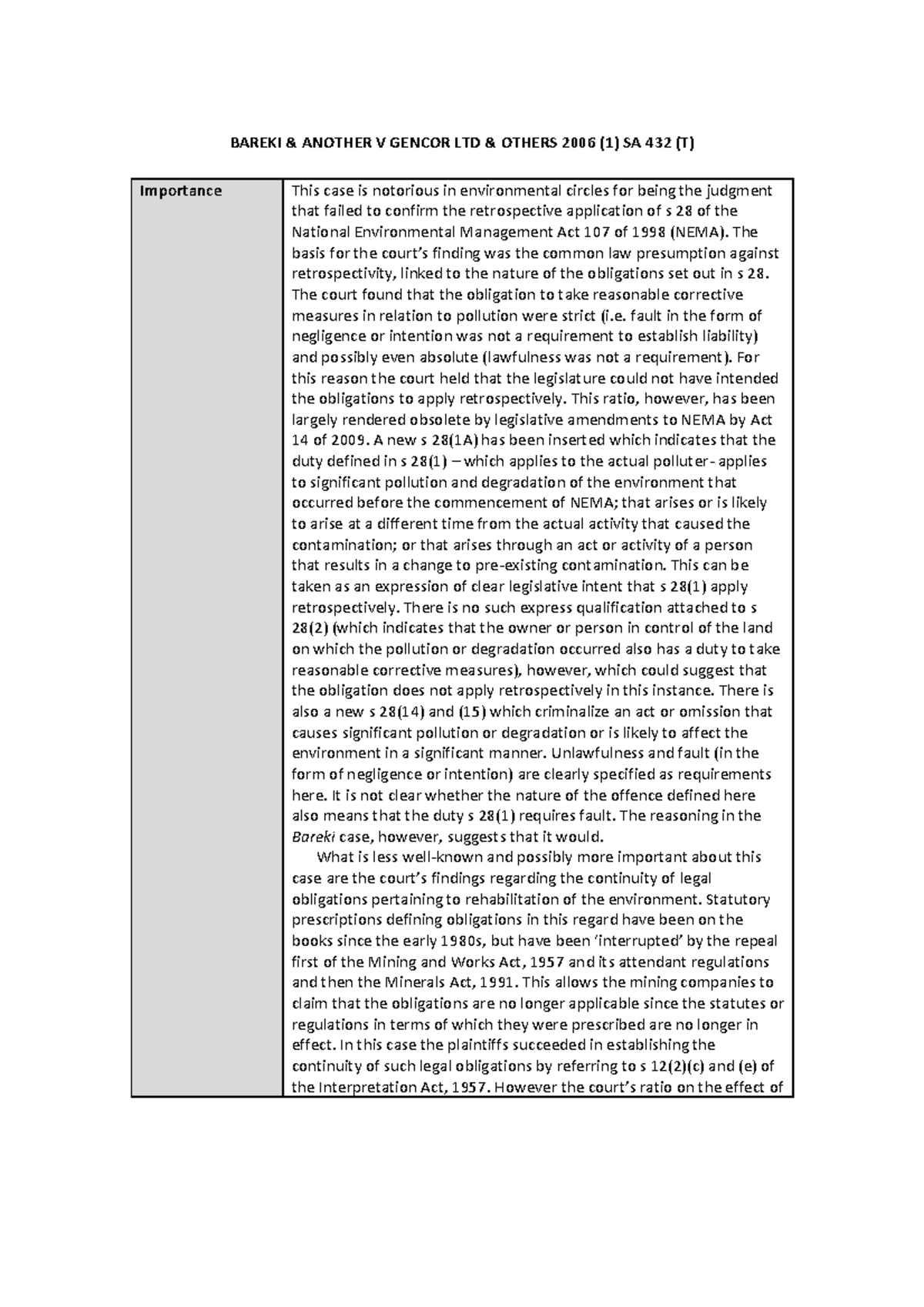 Bareki v Gencor Case Analysis: Environmental Obligations & Liability ...