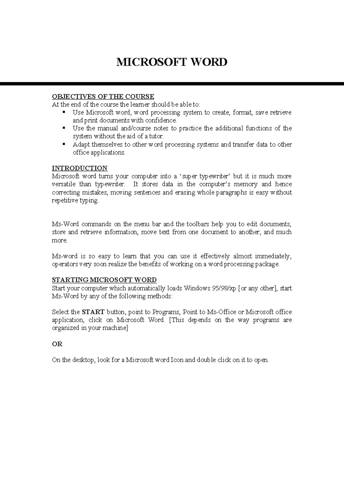 Microsoft Word Manual - Computer Guide Notes for Effective Use - Studocu