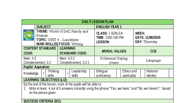 DAILY LESSON PLAN: ENGLISH YEAR 1 - UNIT 4 Lunchtime - Studocu