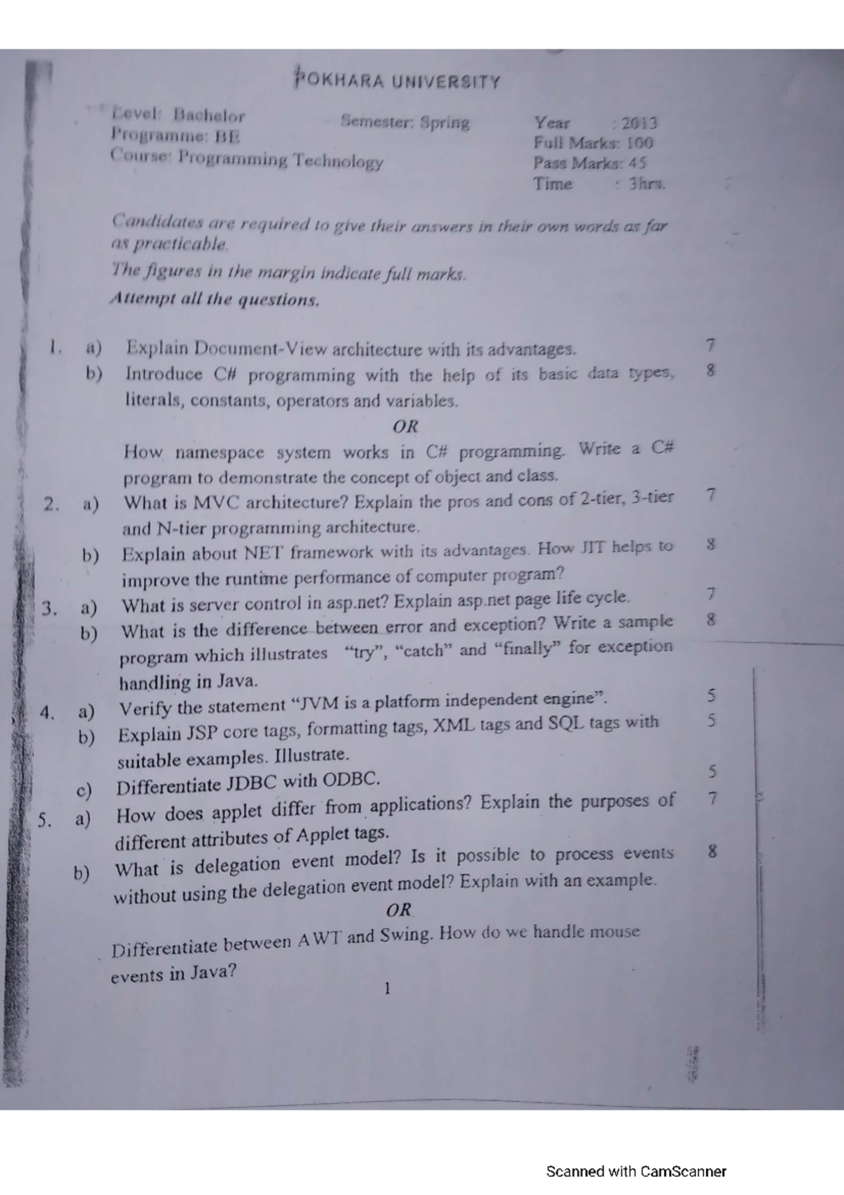 Old Question Collection for P-T BE Comp IV Programming Exam - Studocu