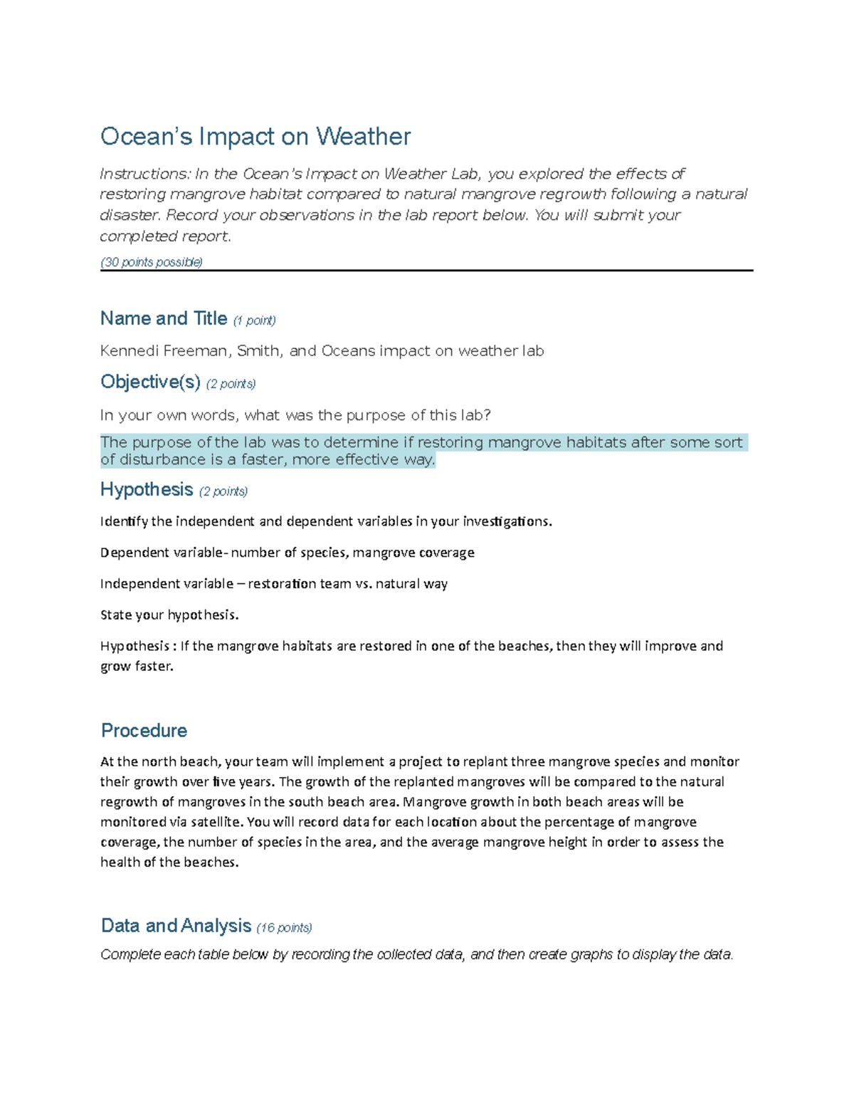 2.03 Ocean's Impact on Weather Lab Report - Assignment - Studocu