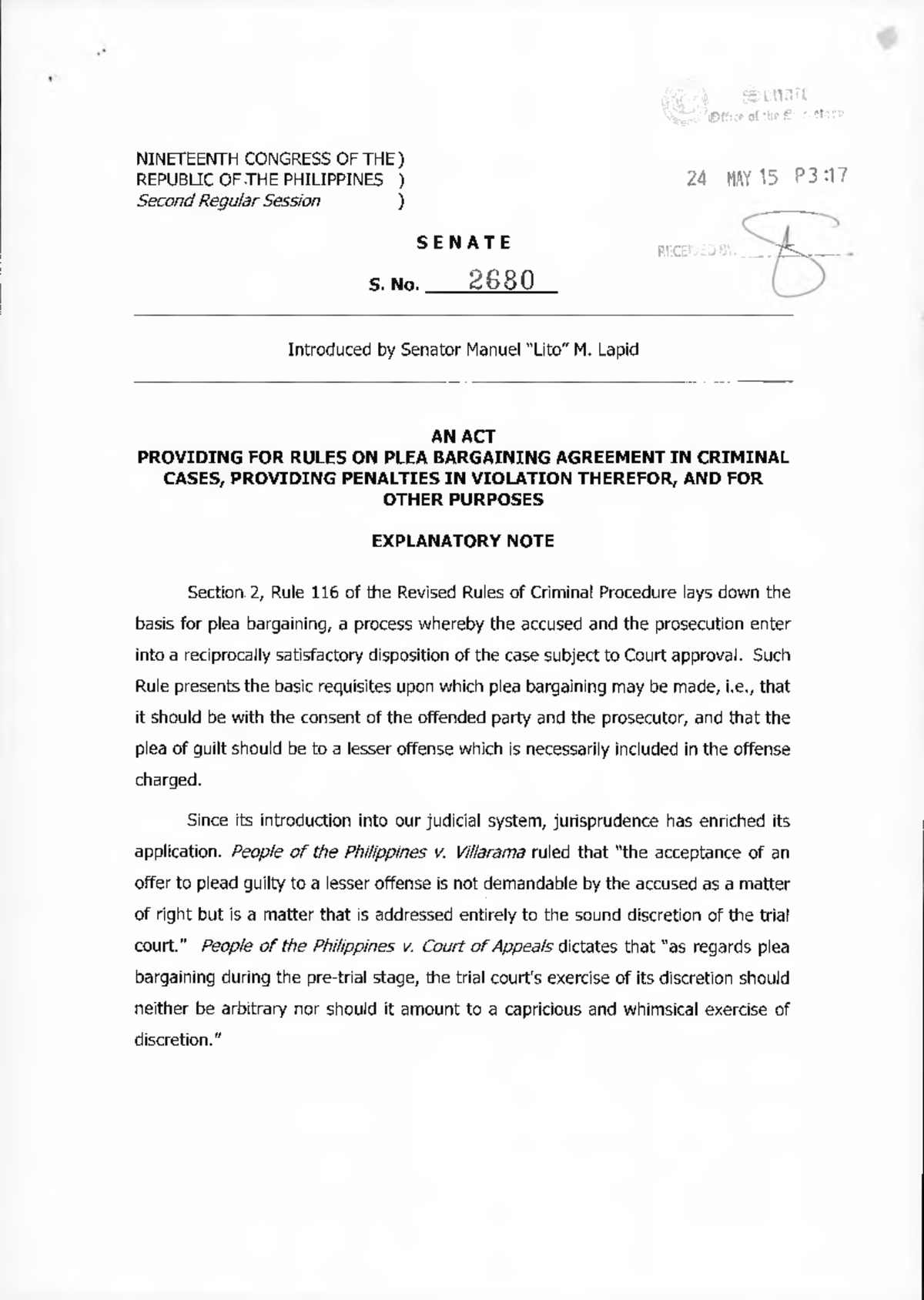S.B. No. 2680: Rules on Plea Bargaining in Criminal Cases - Studocu