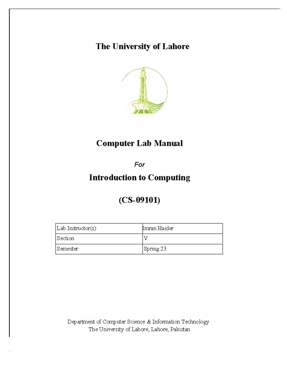 Lab Manual for Introduction to Computing (CS-09101) - Spring 2023 - Studocu