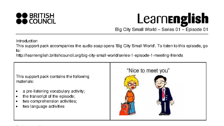 Big City Small World Series 01 Episode 01 - Meeting Friends - Studocu