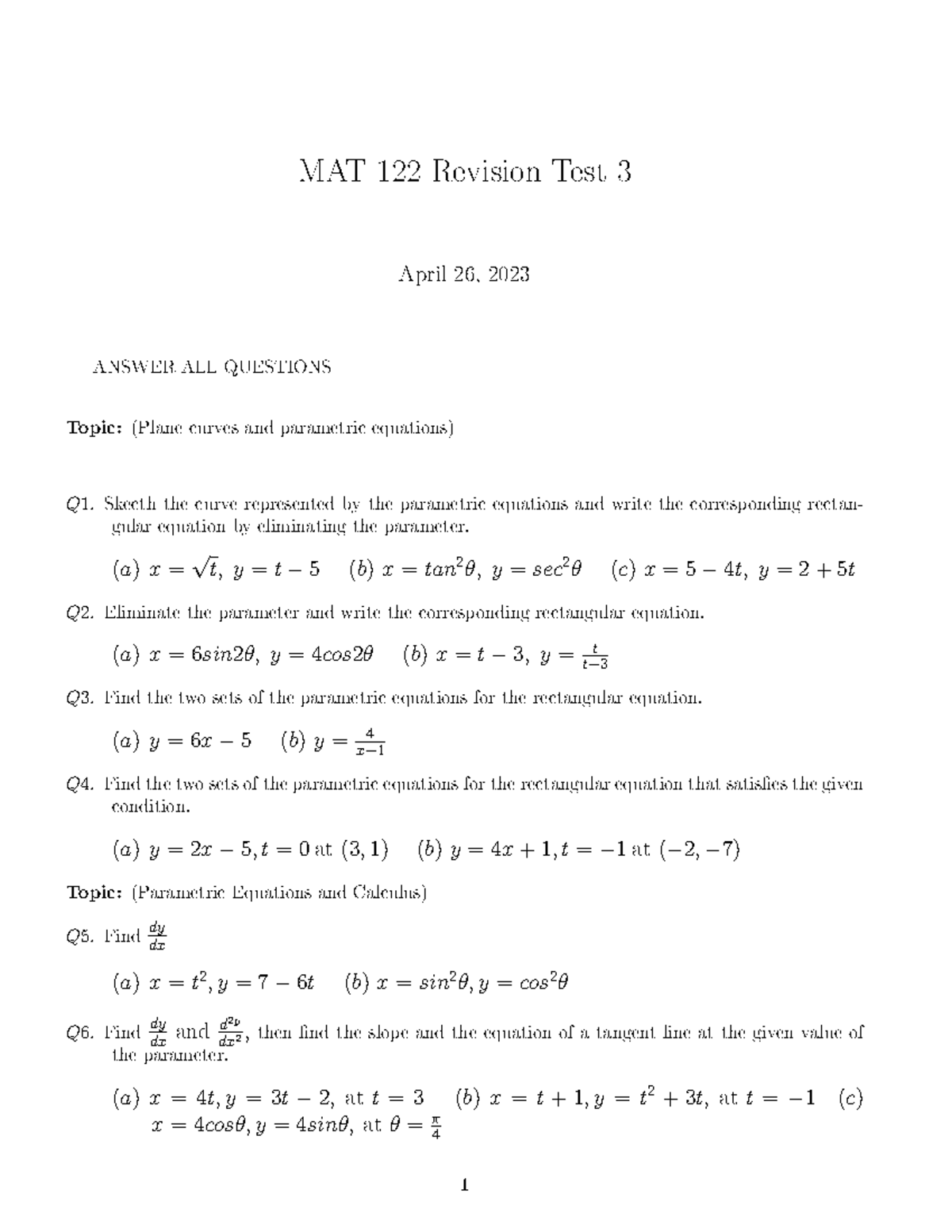 MAT 122 Revision Test 3: Plane Curves, Parametric Equations & Calculus ...