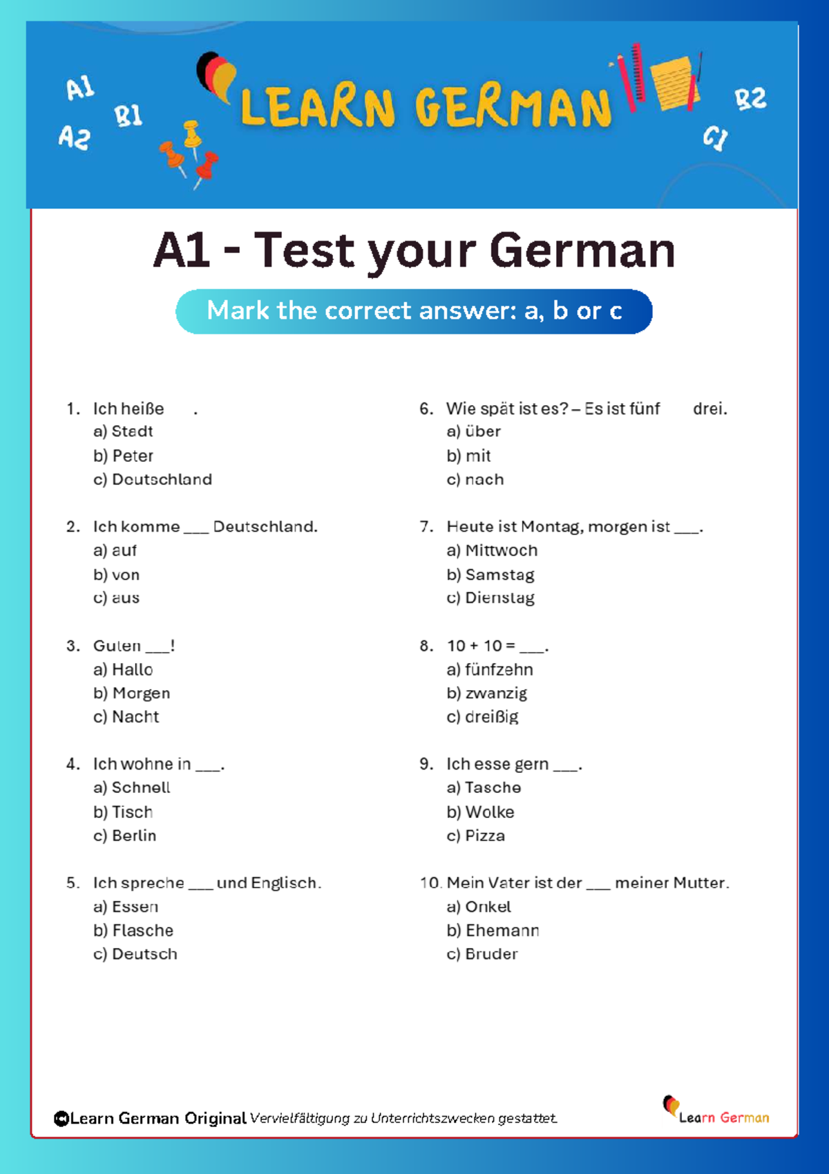 A1 - Multiple Choice Questions for German Language Test - Studocu