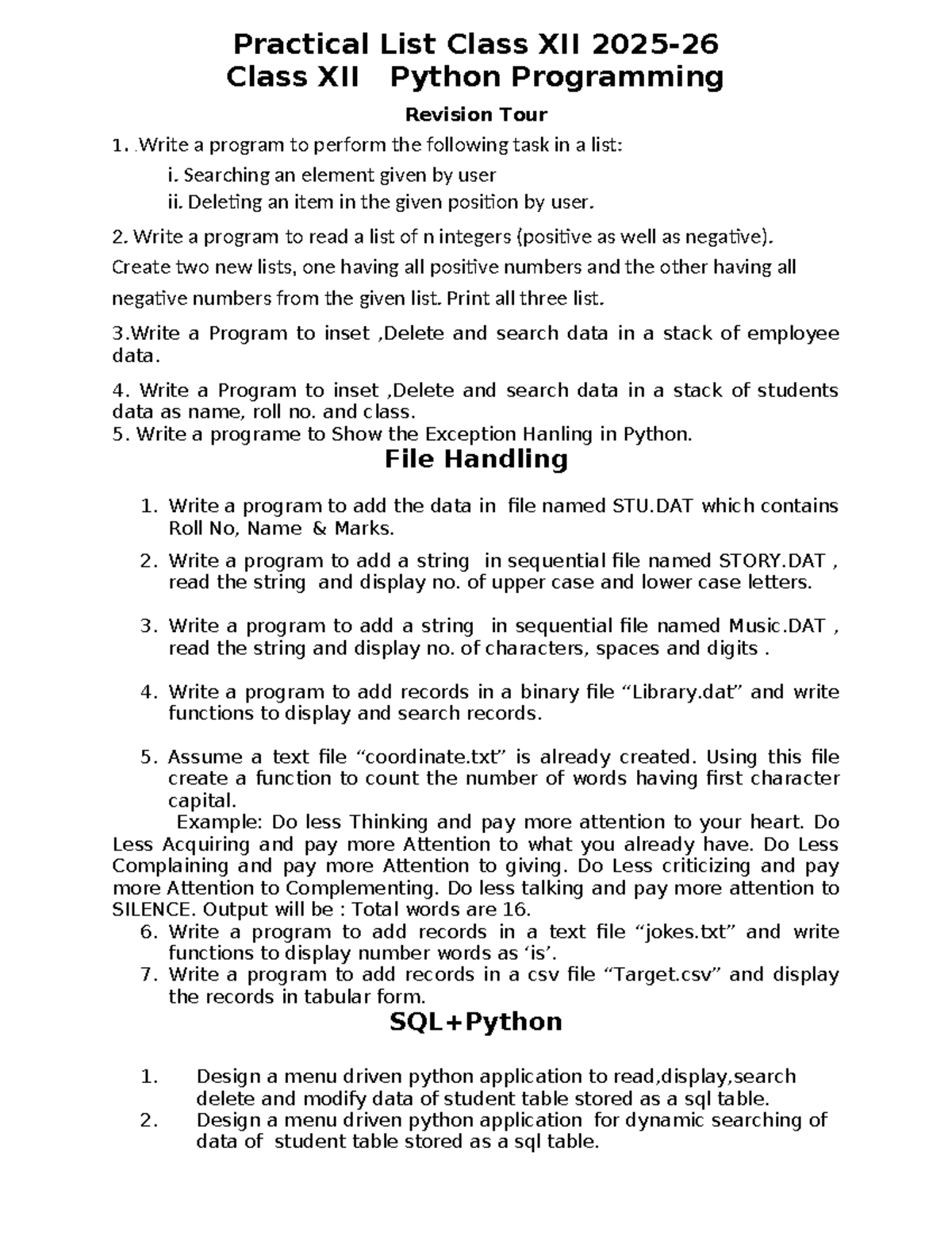 Practical File Class XII-25-26: Python & SQL Programming Tasks - Studocu