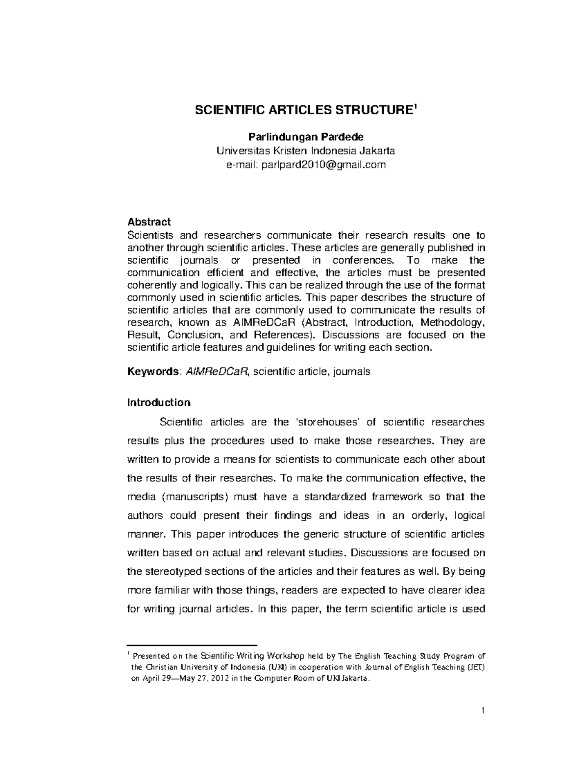 Scientific Article Sturucture - SCIENTIFIC ARTICLES STRUCTURE 1 ...